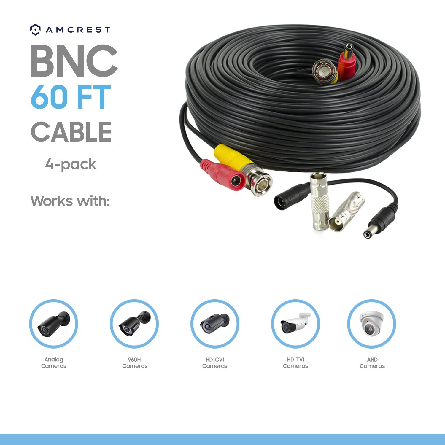 Amcrest 4-Pack 60 Feet Pre-Made All-in-One Siamese BNC Video and Power CCTV Security Camera Cable with Two Female Connectors for 960H & HD-CVI Camera and DVR (SCABLEHD60B-4pack)