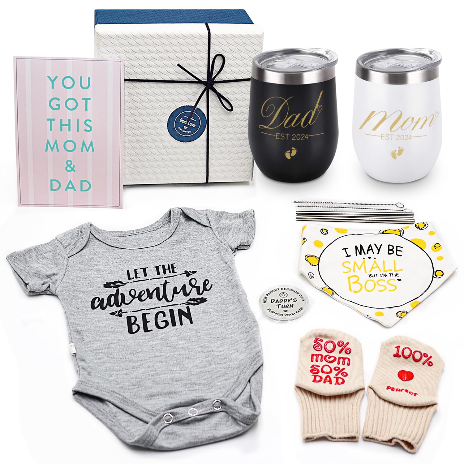 Pregnancy Gifts for First Time Moms Dad, Mommy and Daddy Est 2024 Stainless Steel Wine Tumbler Set with Onesie Baby Socks Drool Bib Decision Coin - Top New Parents Gifts Idea for Gender Reveal
