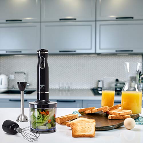 Moss & Stone Hand Blender Electric - With Egg Whisk & Chopper, Powerful 300- Watt - Immersion Hand Blender, Hand Mixer Set Stainless Steel Shaft & Blades, Handheld Blender With Ergonomic Handle (Black)