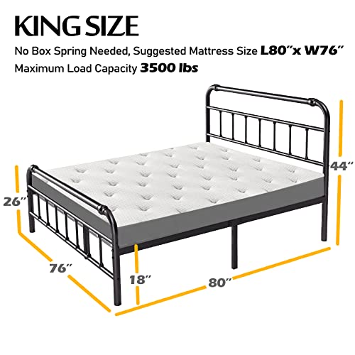 BOSRII King Size Bed Frame with Headbaord and Footboard, 18 Inches High, 3500 Pounds Heavy Duty Metal Slats Support for Mattress, No Box Spring Needed,Noise-Free, Black