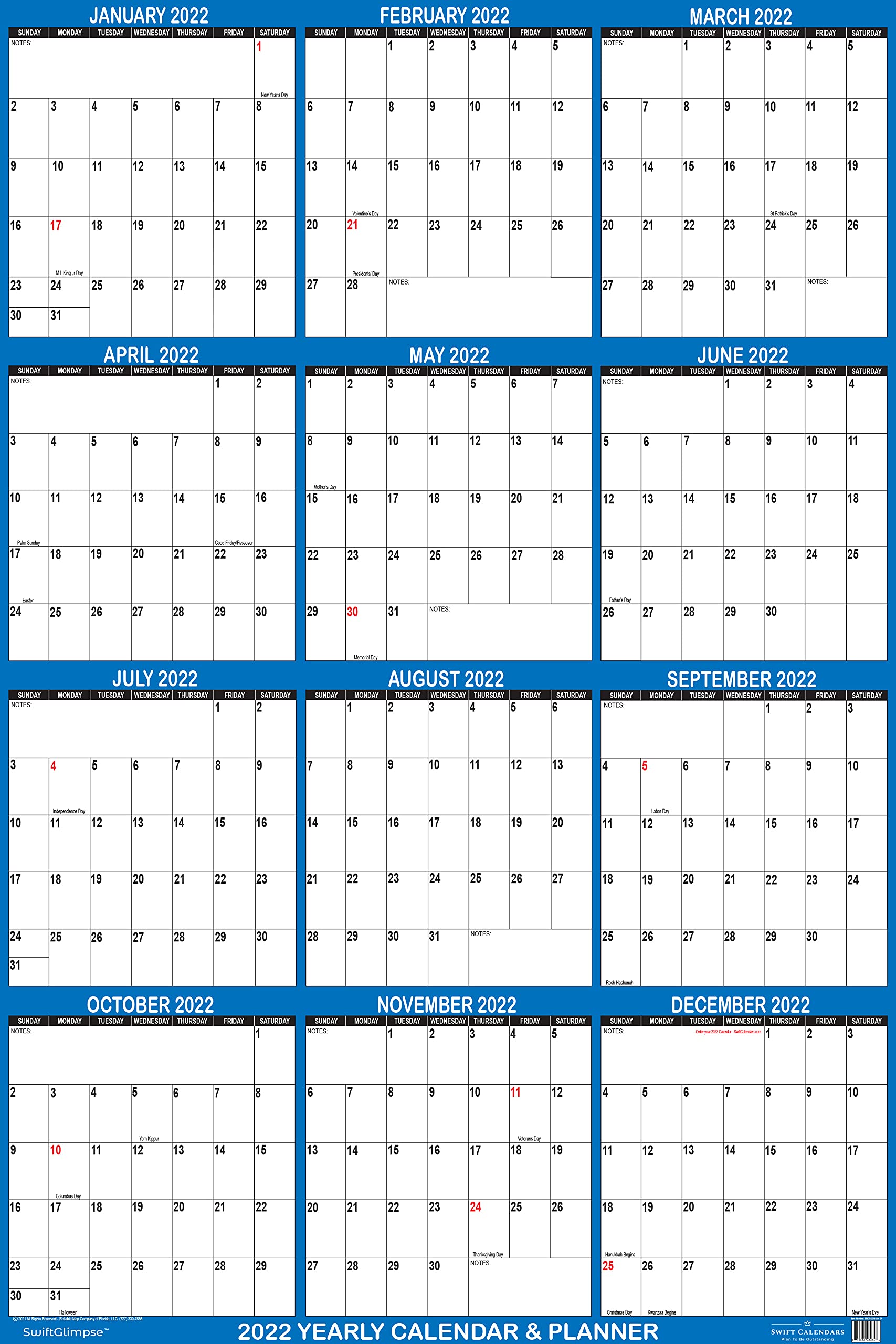 18" x 24" SwiftGlimpse 2022 Wall Calendar Erasable Large Wet & Dry Erase Laminated 12 Month Annual Yearly Wall Planner, Reversible, Horizontal/Vertical, Navy