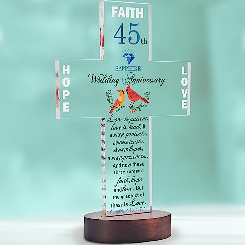 45th Anniversary Wedding Gifts for Couple, Best 45th Sapphire Anniversary Thoughtful Gifts Ideas, 45 Year Anniversary Present for parents, 45 years Anniversary Decorative Cross with Bible Verse.