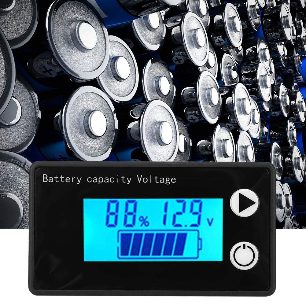 Battery Monitor LCD 12V Digital Battery Capacity Tester Lithium Battery Volt Meter Universal Percentage Display Voltmeter Voltage Indicator ((10-100V) Blue + Alarm)