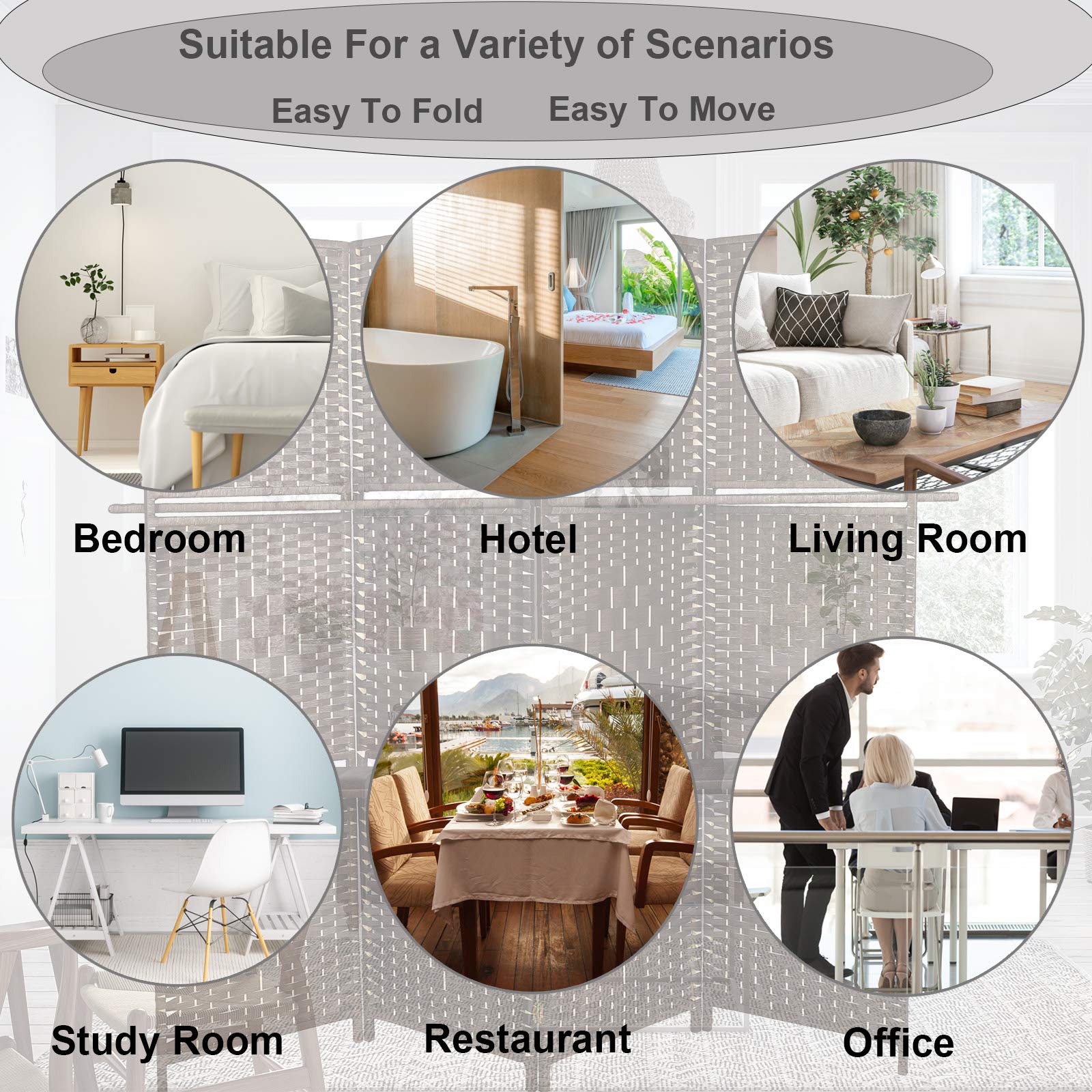 4 Panels Room Screen Divider Hand-Woven Design Room Divider 6 Ft High Fiber Freestanding Privacy with Wooden Removable Storage Shelves Screen Suitable for Living Room and Study, Brown