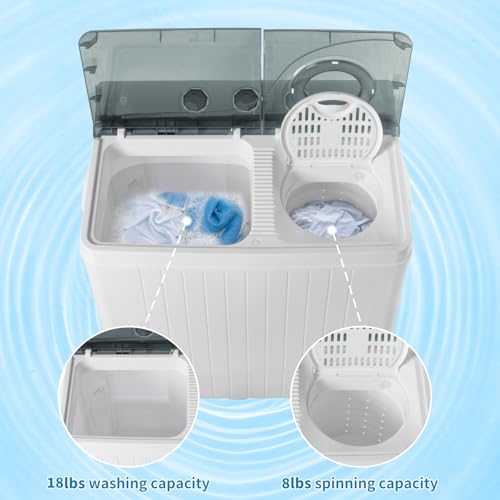 26Lbs Portable Washing Machine and Dryer, Twin Tub Portable Washer Dryer Combo with Drain Pump, Semi-Automatic 18Lbs Washer Mini Laundry Machine with 8Lbs Spinner for Dorms, Apartments, RVs, Gray