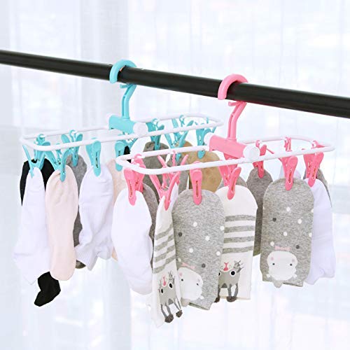 Amlrt 2 Packs Travel Foldable Portable Hanging Drying Rack, Laundry Drying Space Saving Travel Rotatable Plastic 12 Clips (Rose and Blue)