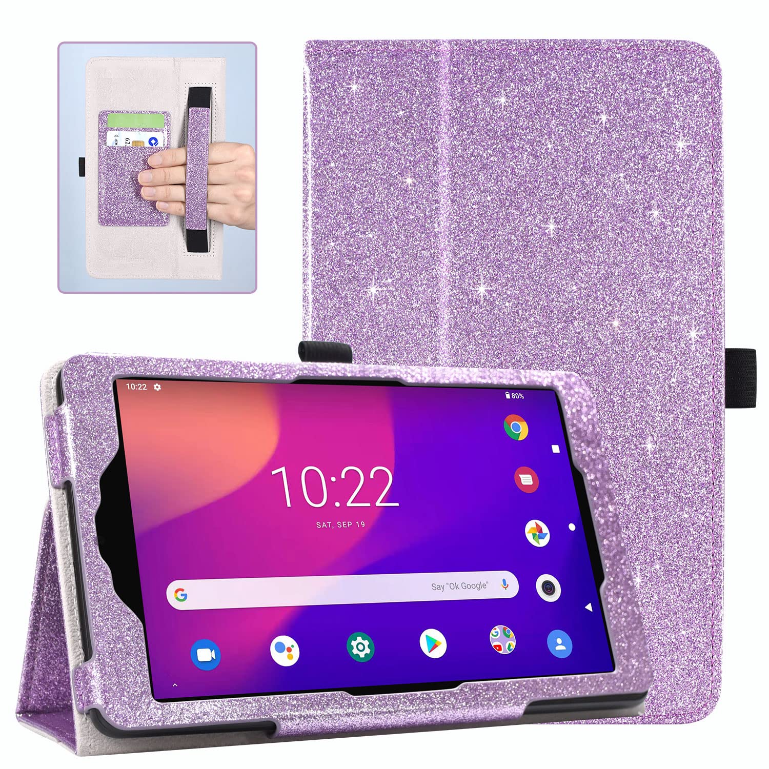 DMLuna Case for Metro by T-Mobile Alcatel Joy Tab 2, 8 Inch Tablet 2020 Release, PU Leather Shockproof Folio Cover Protector Accessory with Handle Hand Strap, Stand, Card Slot, Glitter Purple