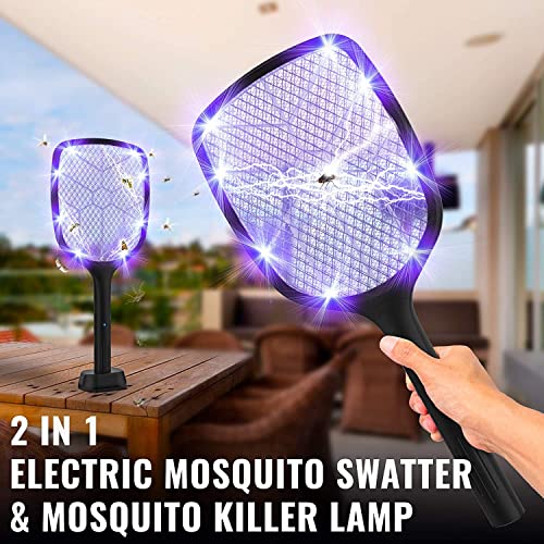 2 in 1 Electric Fly Swatter & Mosquito Killer Lamp with 4000V Effective Powerful Grid, Rechargeable Bug Zapper for Home, Camping, Indoor/Outdoor Pest Control, with Double Safety Mesh, LED Light Black