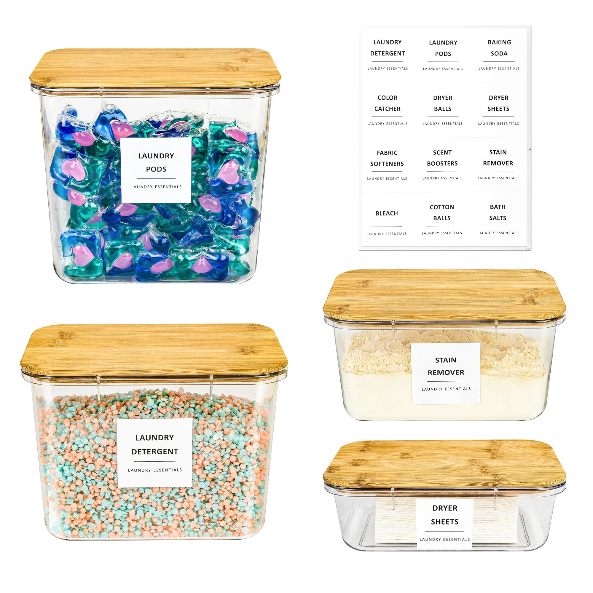 4 Pack Laundry Room Organization Storage Containers, Laundry Pods Container and Dryer Sheet Holder, Laundry Pods Container with Lids and Labels for Laundry Detergent Laundry Pods Dry Sheet Organizing