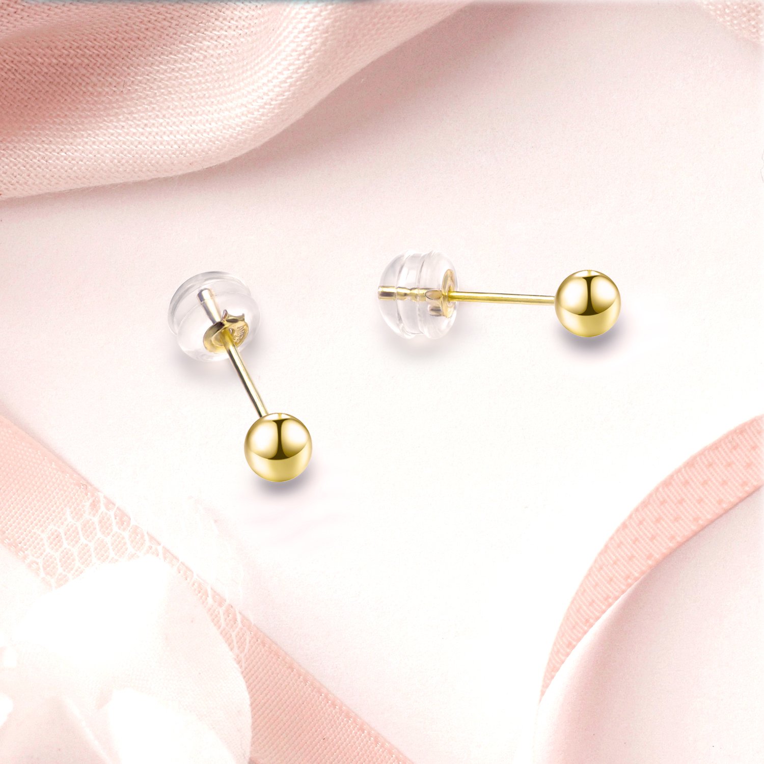 18k Gold Ball Stud Earrings, Small 18 Carat Yellow Gold Post Earrings for Women (3mm)