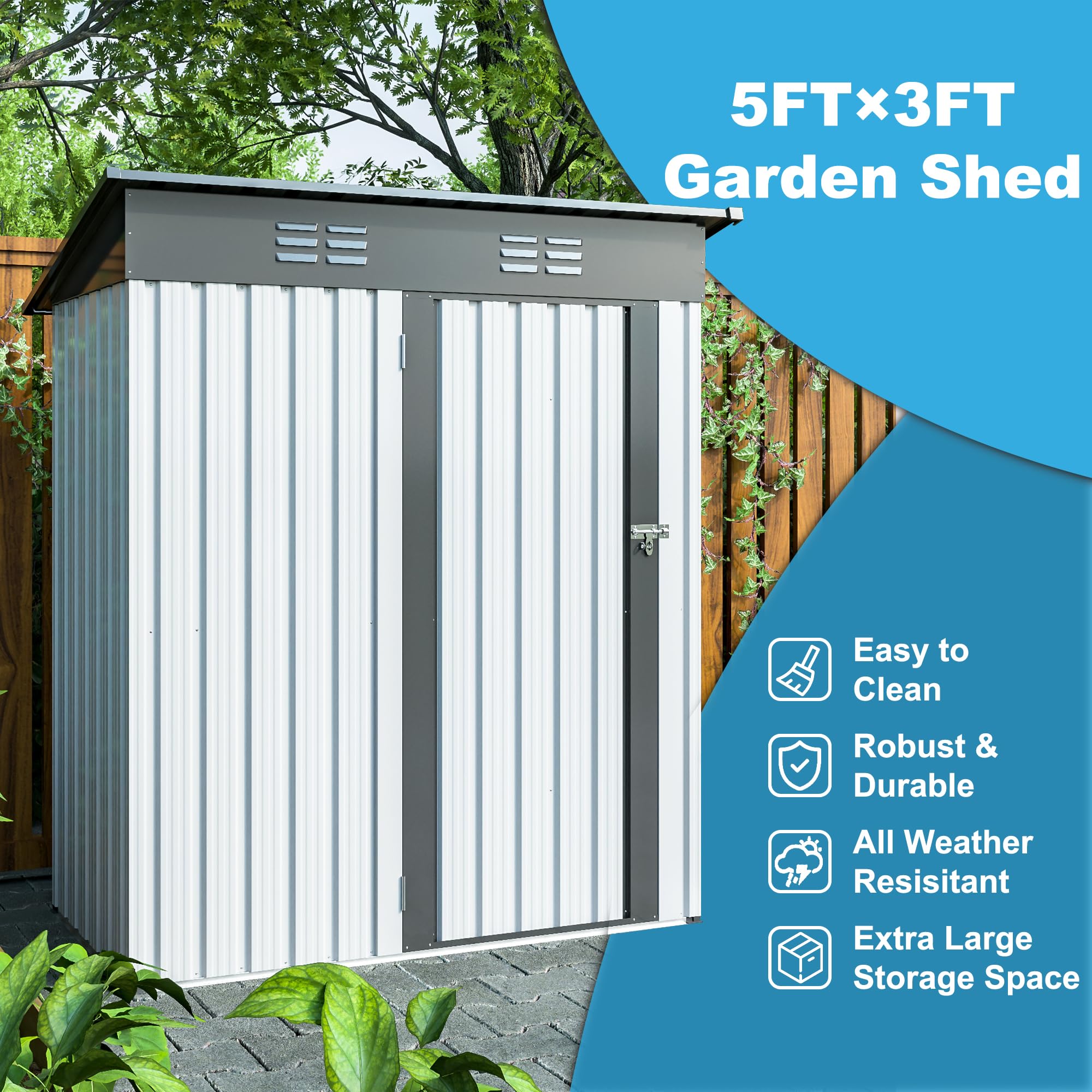 KTVTK 5x3 FT Outdoor Storage Shed with Pent Roof and Two Punched Vents,Galvanized Metal Garden Sheds w/Lockable Doors,Hinged Door & Padlock,for Patio Lawn Backyard Trash Cans Tool,White+Grey