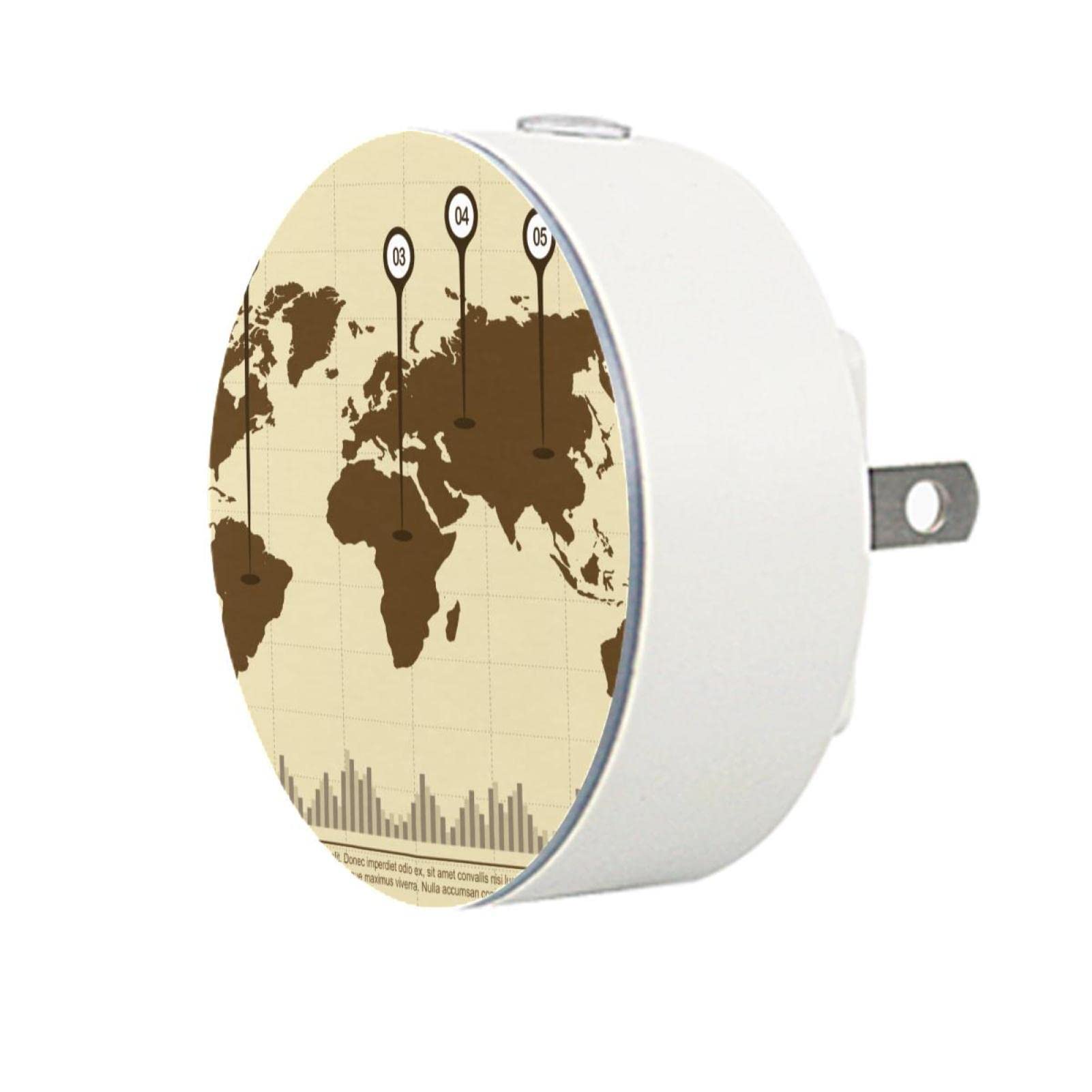2 Pack Plug-in Nightlight LED Night Light with Dusk-to-Dawn Sensor for Kids Room, Nursery, Kitchen, Hallway Vintage Global Maps Infographic