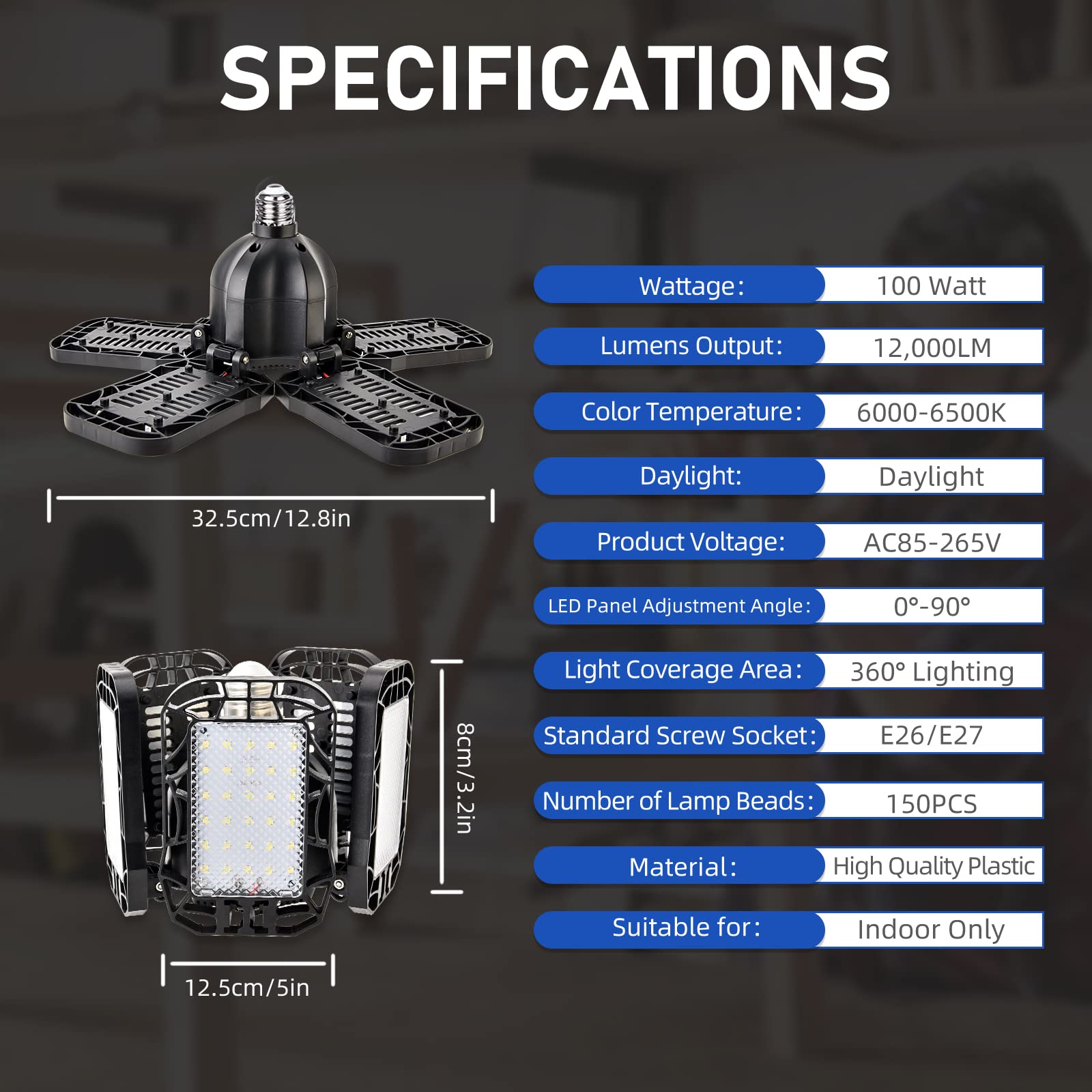 LED Garage Light 2 Pack, Deformable Garage LED Light 360° Illuminator Ultra Bright, 100W 6500K LED Garage Ceiling Lights with 5 Adjustable Panels E26/E27 for Garage Basement Bay Workshop