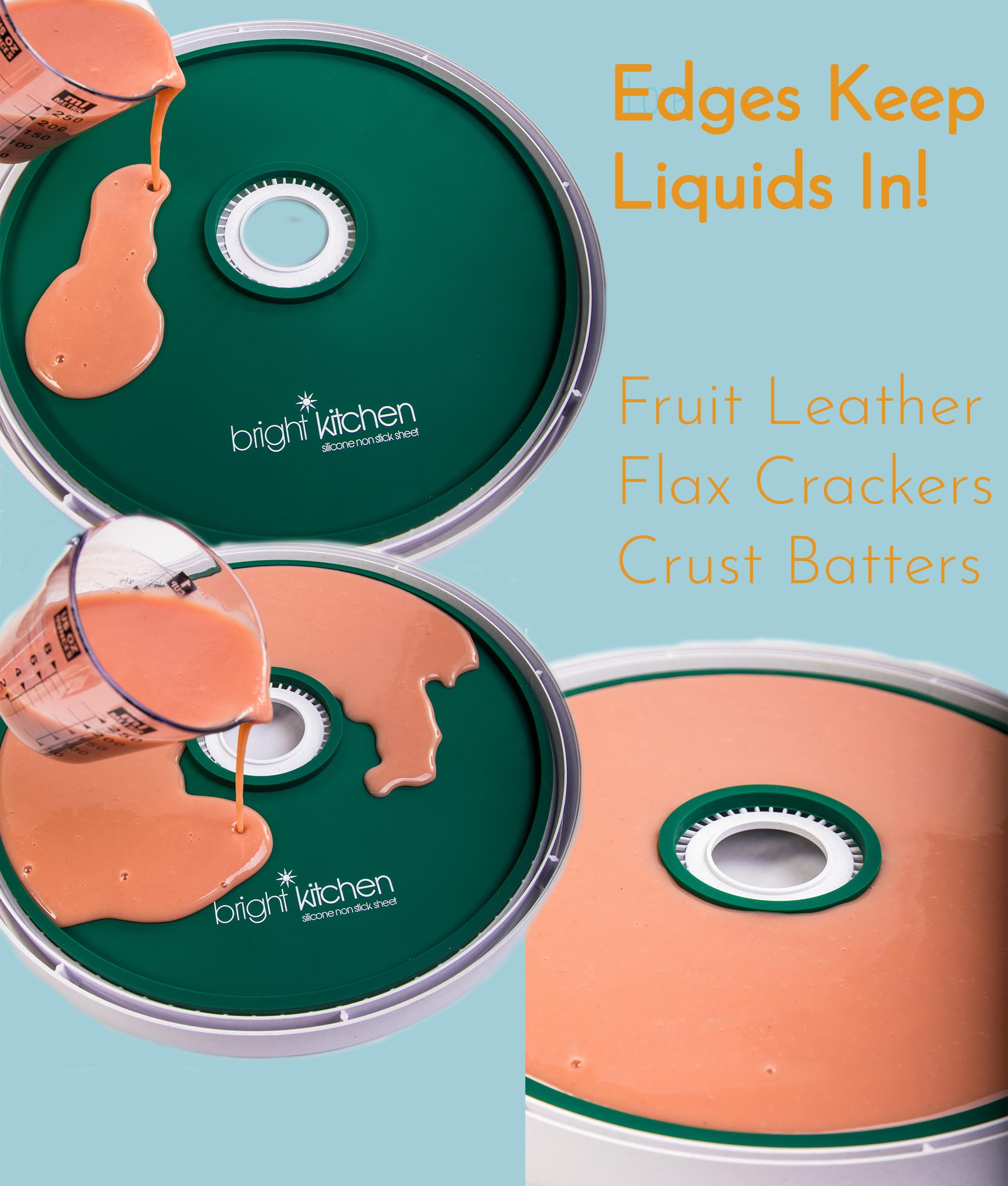2 Fruit Leather Silicone Dehydrator Sheets with EDGES fits Elite Gourmet EFD-319 Round Dehydrators NON-Toxic Lip EFD319 Mold Hold Batter Liquids Fruit Roll Up Fruit Leather Circle ReUsable Flexible