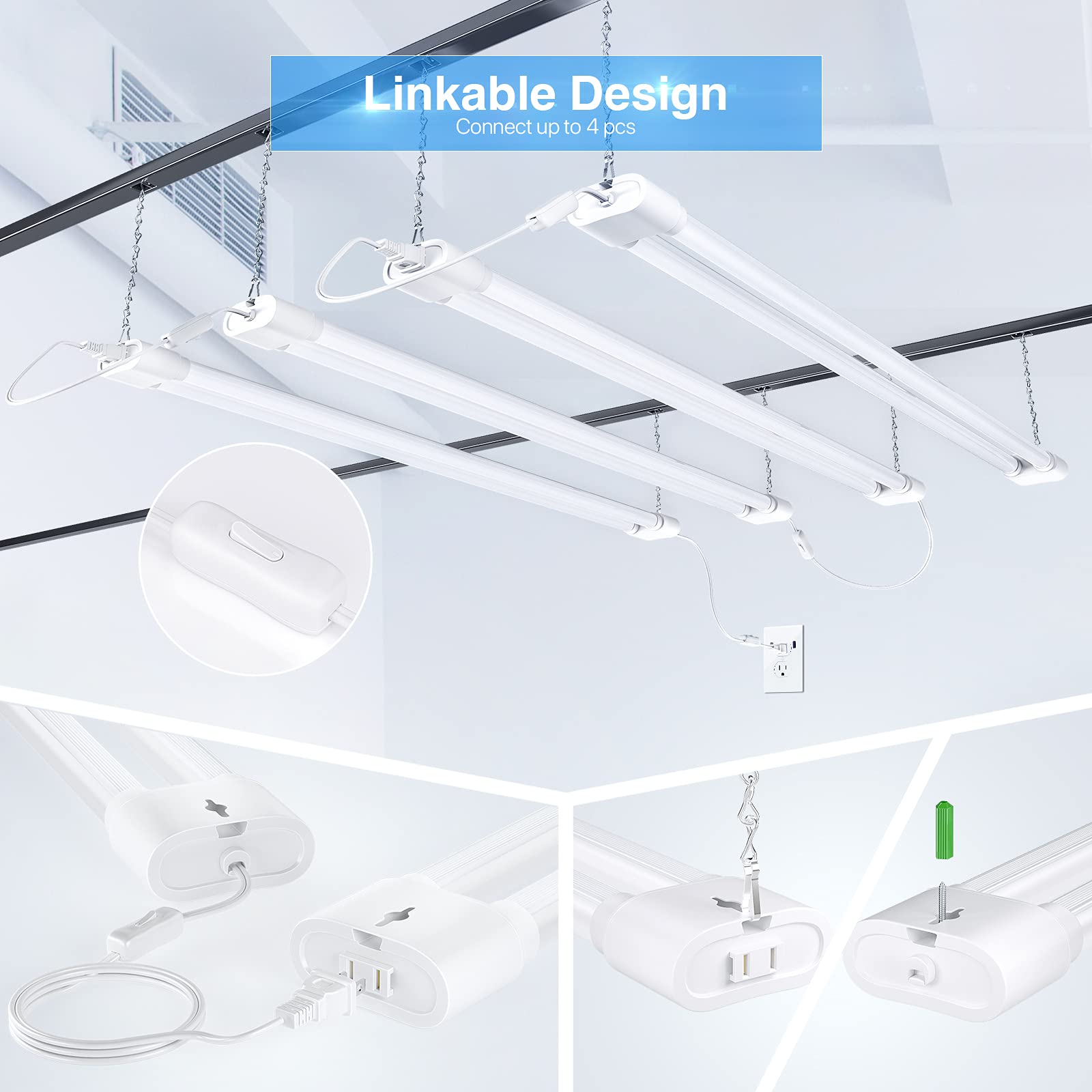 Ensenior 10 Pack Linkable Led Shop Light 4ft for Garage, 4400 High Lumens, 36W Equivalent 280W, 5000K Daylight, 48 Inch Utility shop led lights, Surface or Hanging Mount Fixtures, White, ETL Certified