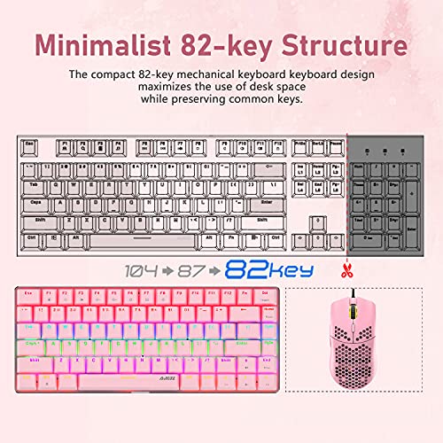 Pink Gaming Keyboard and Mouse,3 in 1 Rainbow LED Backlit Wired Mechanical Keyboard Blue Switch,RGB 6400 DPI Lightweight Gaming Mouse with Honeycomb Shell Gaming Mouse Pad for PC Gamers(Pink)