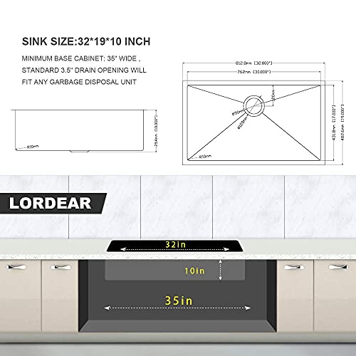 32 Undermount Kitchen Sink - Lordear 32 Inch Undermount Sinks Stainless Steel Single Bowl Kitchen Sink Under Counter Basin 32X19X10 Inch Round Corner