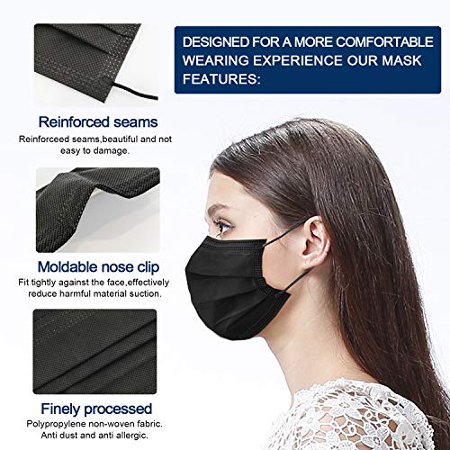 T·IMTEX Disposable 3 Ply Face Mask with Elastic Ear loops, Breathable and Comfortable Protective Masks with Melt-Blown Fabric for Filtering the Particulate Matter in the Air Pollution (Black)