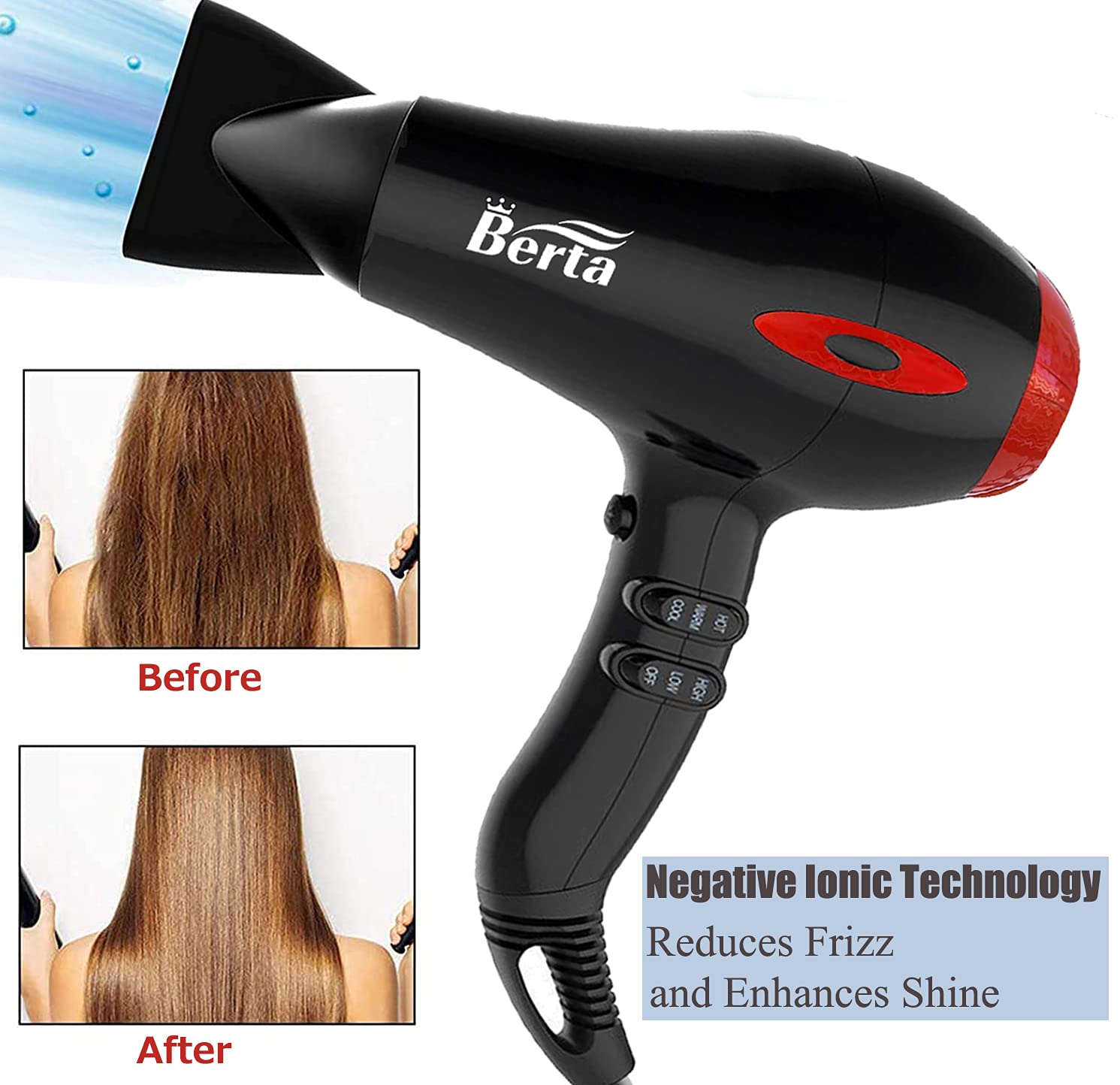 1875W Professional Salon Hair Dryer, Negative Ionic Berta Blow Dryer,AC Motor Powerful Hair Dryers with Concentrator ,2 Speed and 3 Heat Settings