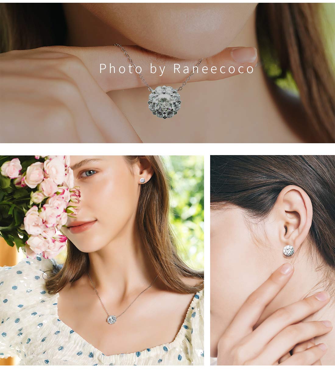 18K White Gold Plated Halo Cluster Cubic Zirconia Stud Earrings for Women - Sterling Silver CZ Jewelry Set