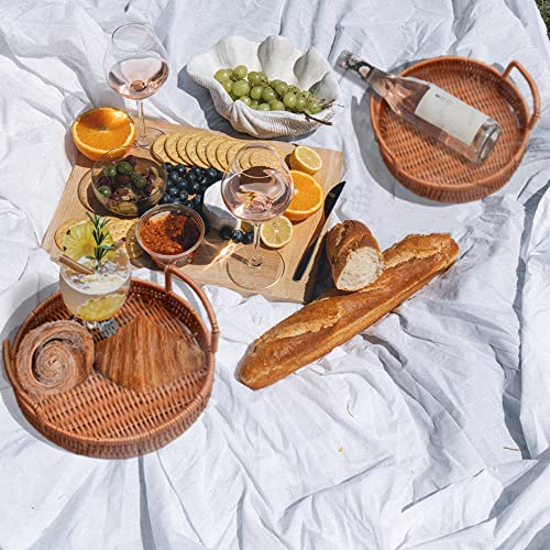 3 Pack Woven Serving Tray with Handles, Imitation Rattan Woven Tray, Hand-Woven Tray,Woven Basket, Storage Basket, Round Double Handle (Imitation Rattan, Brown)