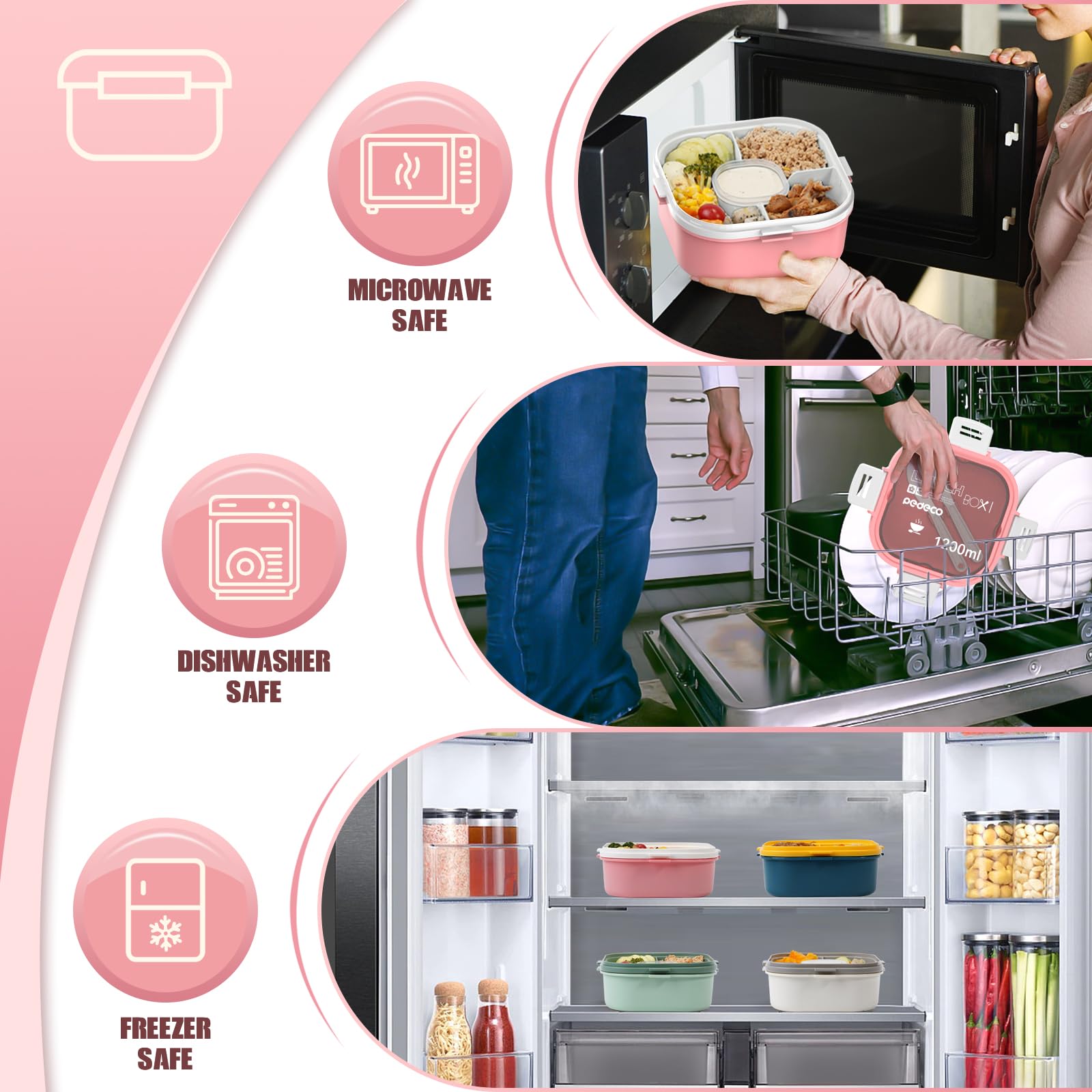 PEDECO All-in-One Salad Container - Large Salad Bowl, Bento Box Tray, Leak-Proof Sauce Container, Airtight Lid, & Fork Bento Box Adult Lunch Box for Women; BPA-Free (Pink)