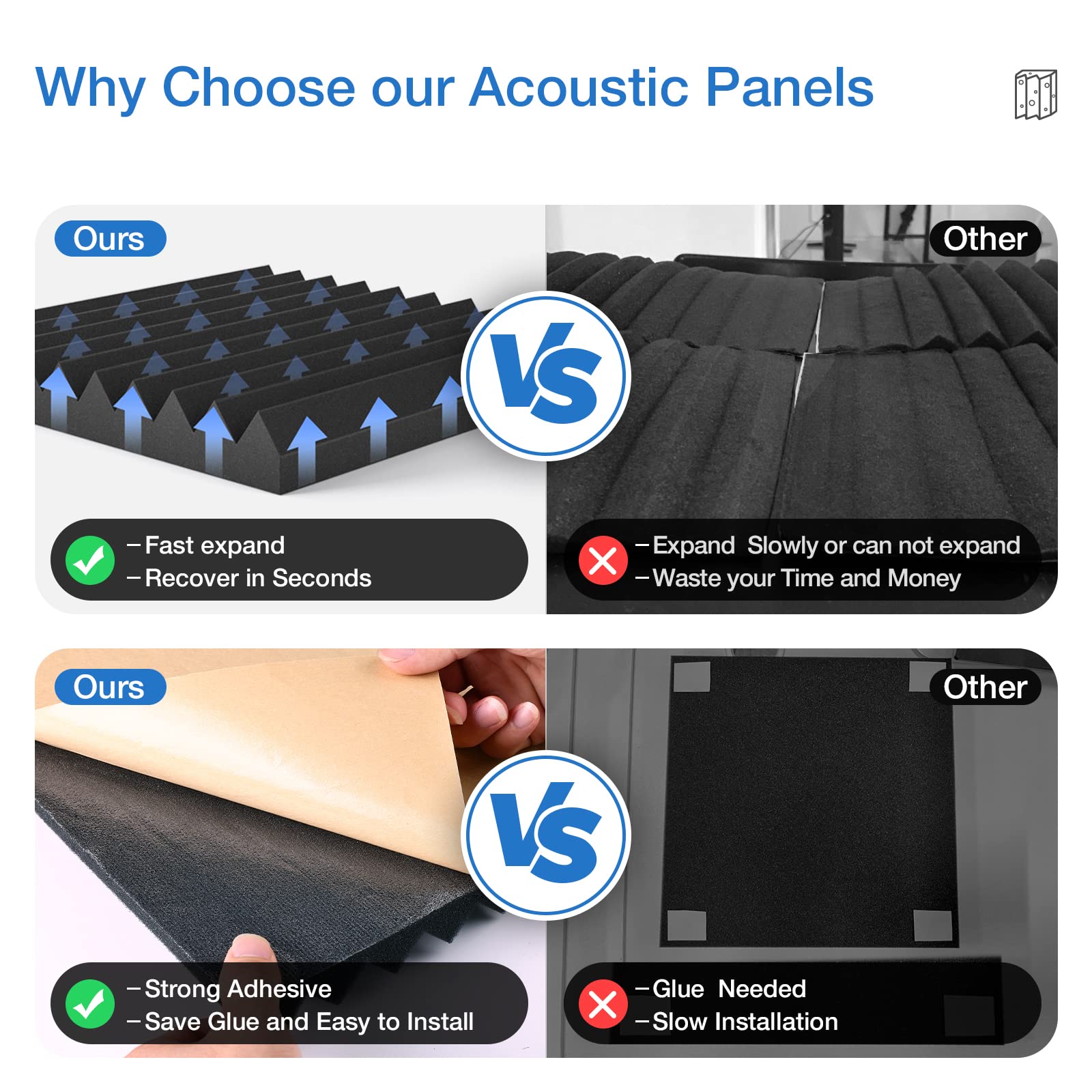 52 pack Acoustic Panels Self-Adhesive, 1" X 12" X 12" Quick-Recovery Sound Proof Foam Panels, Acoustic Foam Wedges High Density, Soundproof Wall Panels for Home Studio,black-01