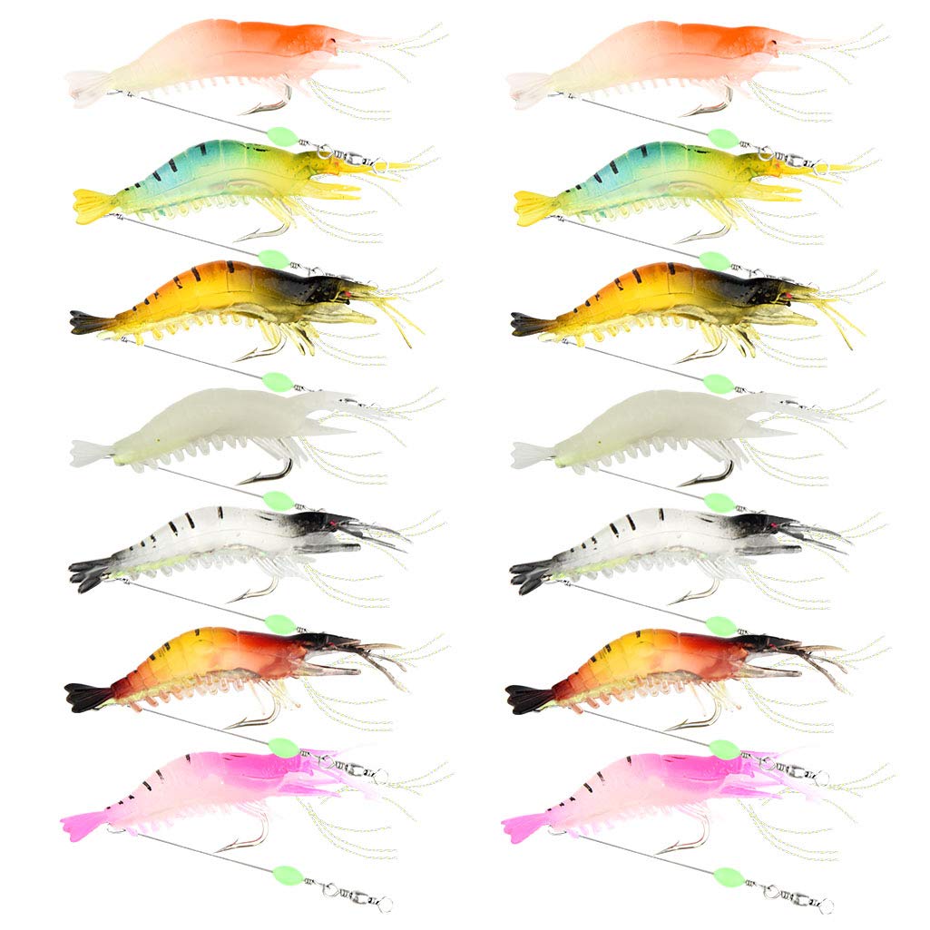 14pcs Shrimp Bait Artificial Silicone Soft Baits Luminous Fishing Lure with Sharp Hooks Fishing Tackles Freshwater/Saltwater