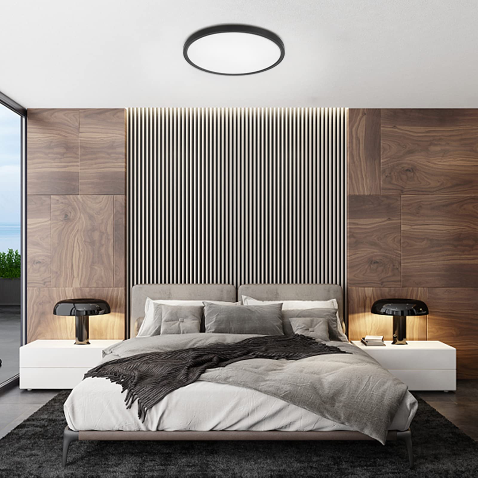2 Pack Flush Mount LED Ceiling Light, Super Slim 12 Inch Flush Mount Light Fixture Black, 24W, 2400LM, 3000K/4000K/6000K Adjustable Round Flat Ceiling Light for Kitchen, Bedroom, Hallway, Porch