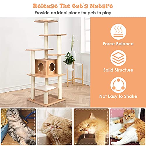Tangkula Modern Wood Cat Tree, 69-Inch Cat Tower with Multi-Layer Platform, Tall Cat Tree with Sisal Rope Scratching Posts, Cat Condo Furniture w/Washable Plush Cushions for Large Cats Kittens