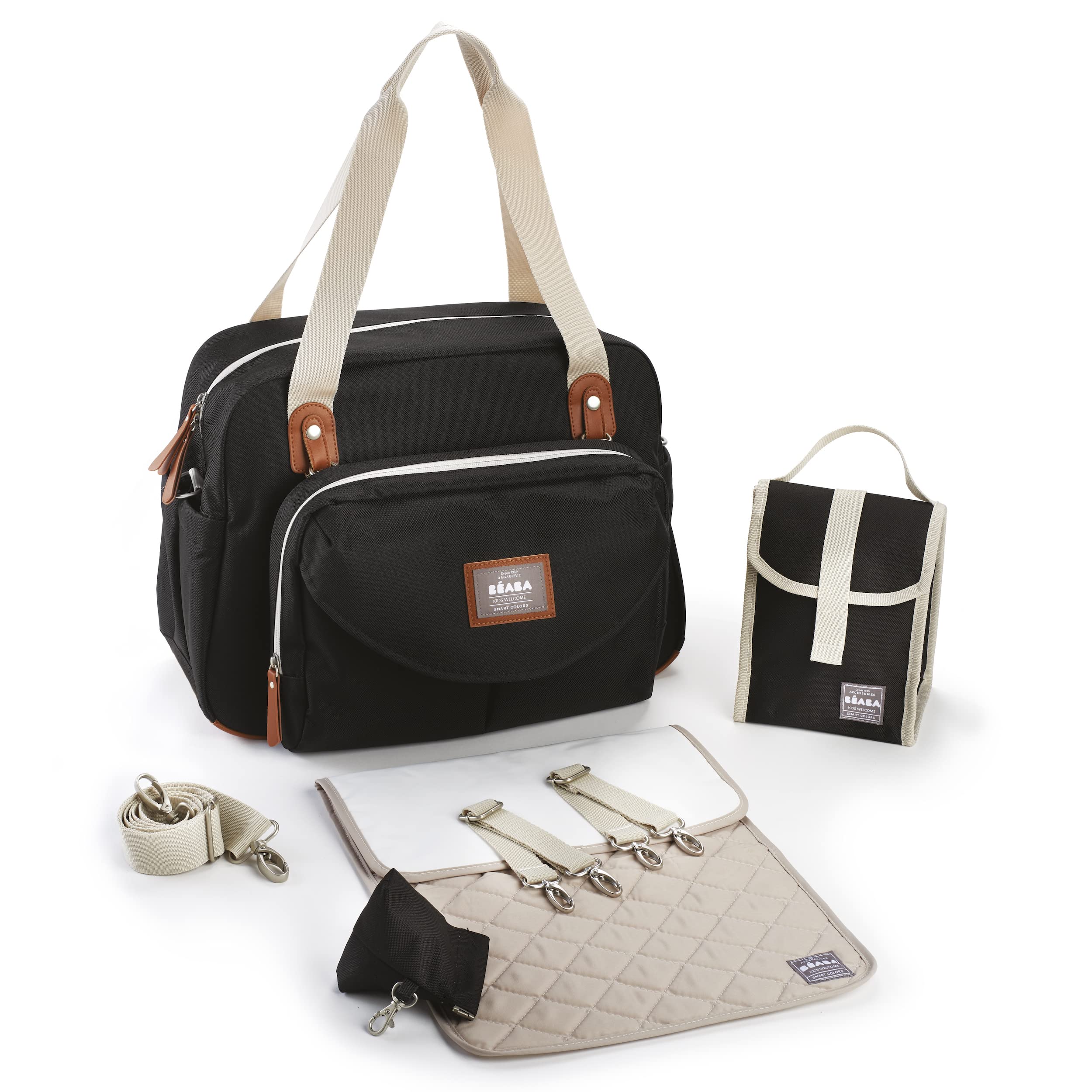BEABA Geneva Diaper Bag, Multifunction Baby Diaper Bag, Includes Removable Strap for Stroller, Changing Pad, and Insulated Pouch, (Black)