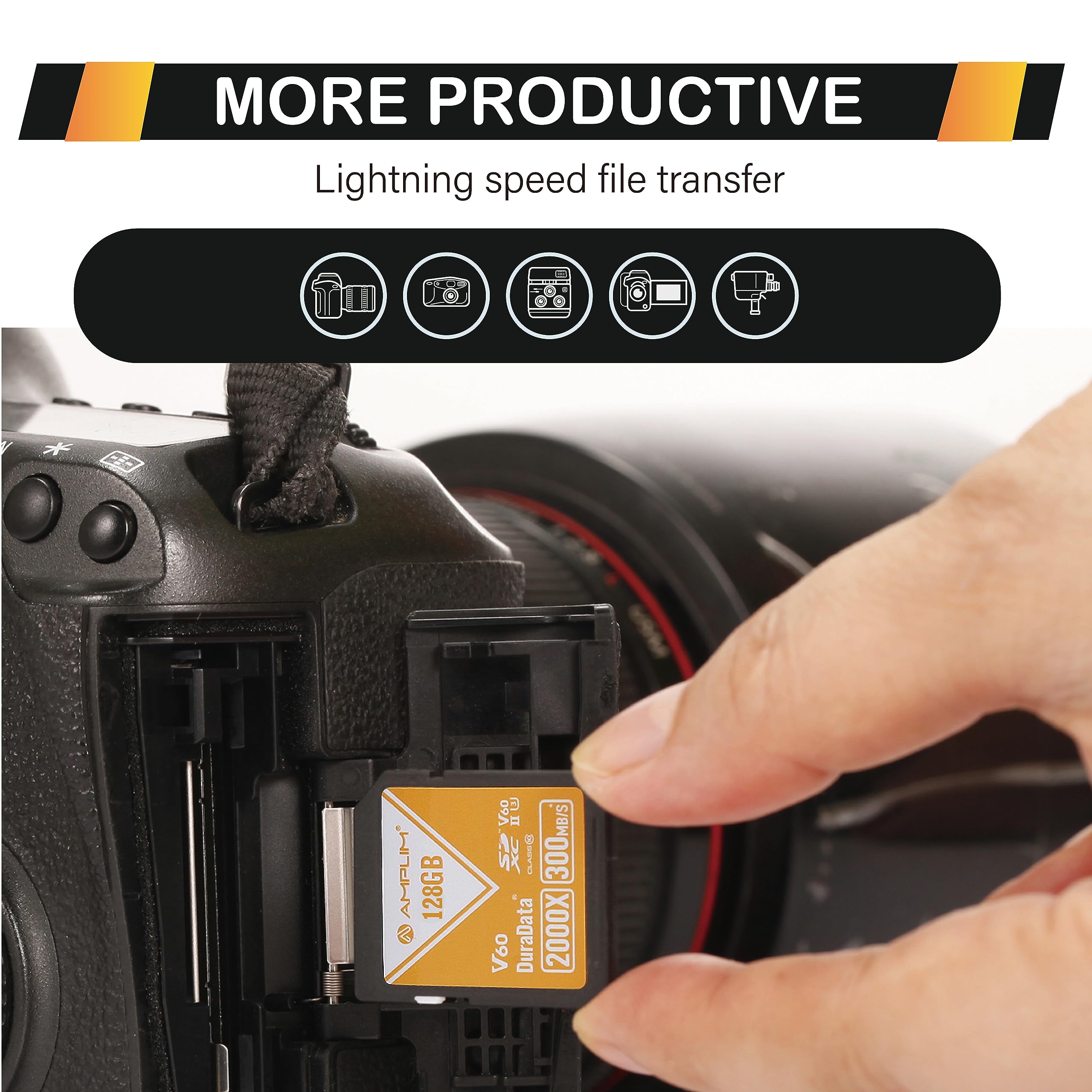 Amplim 128GB V60 UHS-II SD SDXC Card, 300MB/S 2000X Lightning Speed Performance, Extreme Read, U3 Secure Digital Memory Storage for Professional Photographer and Videographer