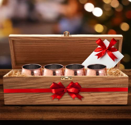 ARTISANS VILLAGE Moscow Mule Mugs | Set of 4 | 100% Pure Copper Solid Mugs | Gold Brass Handles | Size 16 oz | BONUS: Premium Straws and Shot Glass