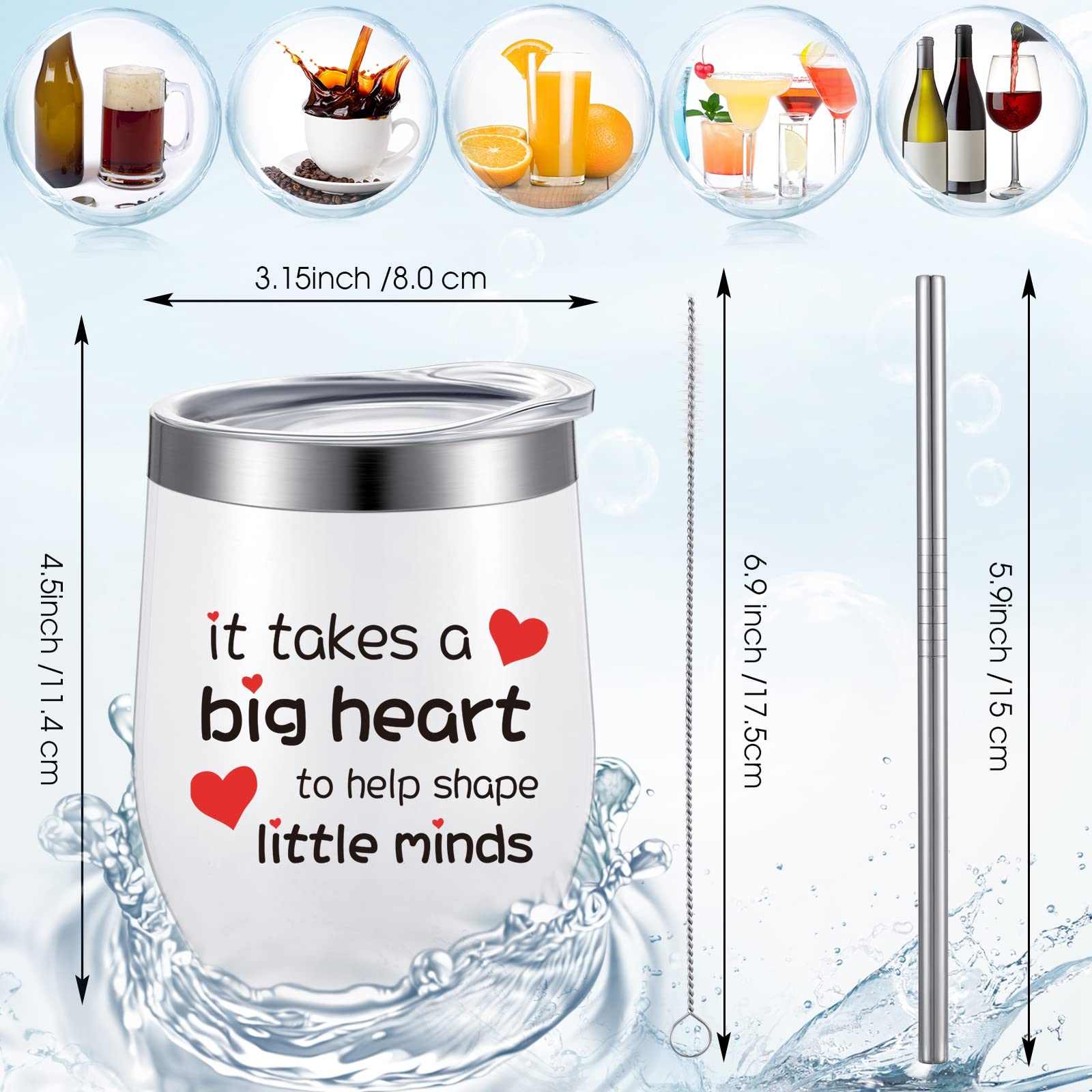2 Pack Funny Teacher Appreciation Present, It Takes a Big Heart to Shape Little Minds, 12oz Double Wall Vacuum Teacher Cup with Lid Straw, Wine Glasses for Teacher (White and Black Words)