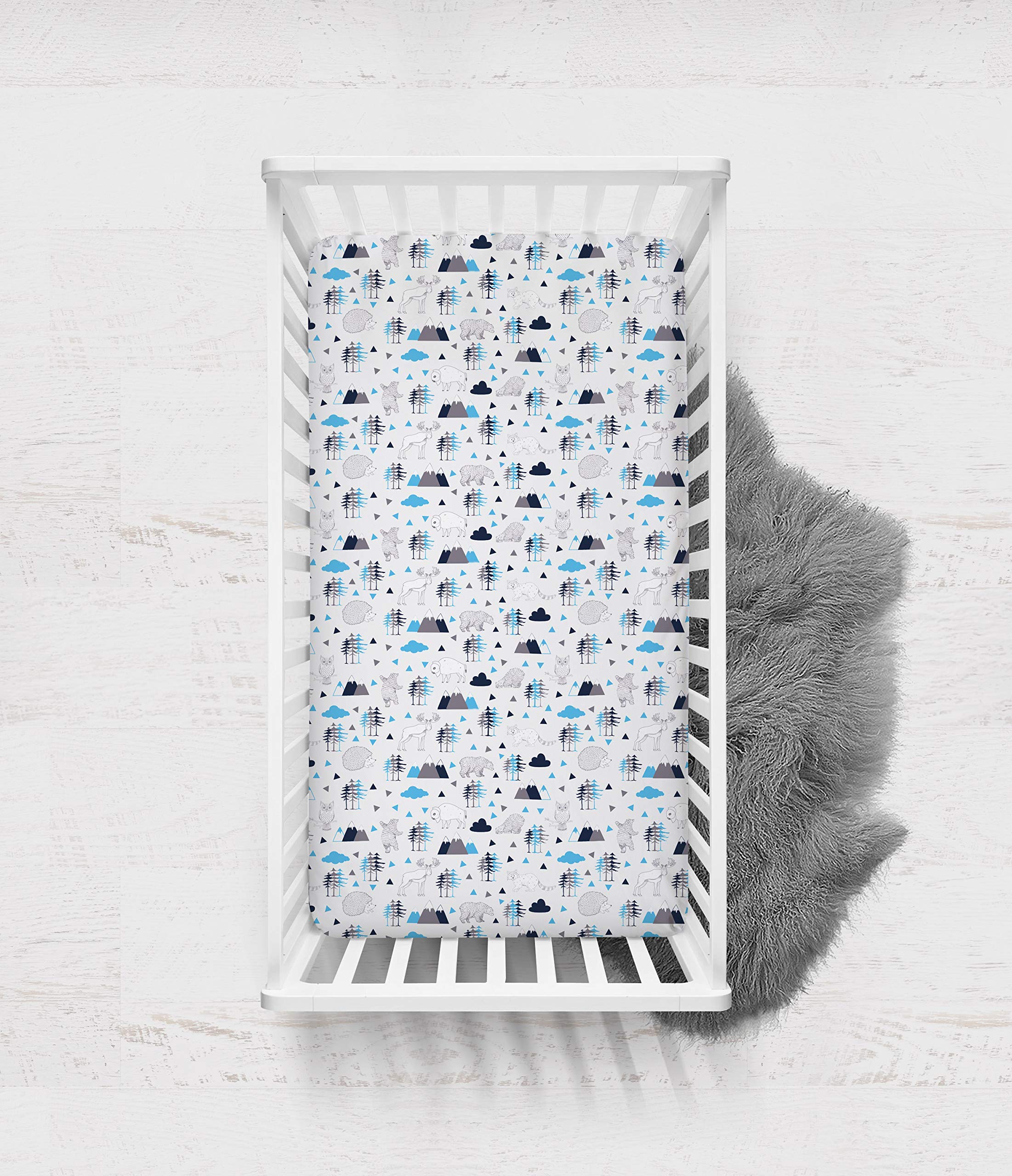 Bacati - 2 Pack Woodlands Bears Bison Owls Printed Boys 100% Cotton Universal Baby US Standard Crib or Toddler Bed Fitted Sheets (Aqua/Navy/Grey)