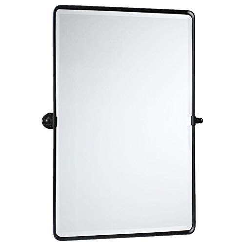 TEHOME 27 x 35 inch Farmhouse Large Black Metal Framed Pivot Rectangle Bathroom Mirror Rounded Rectangluar Tilting Beveled Vanity Mirrors for Wall