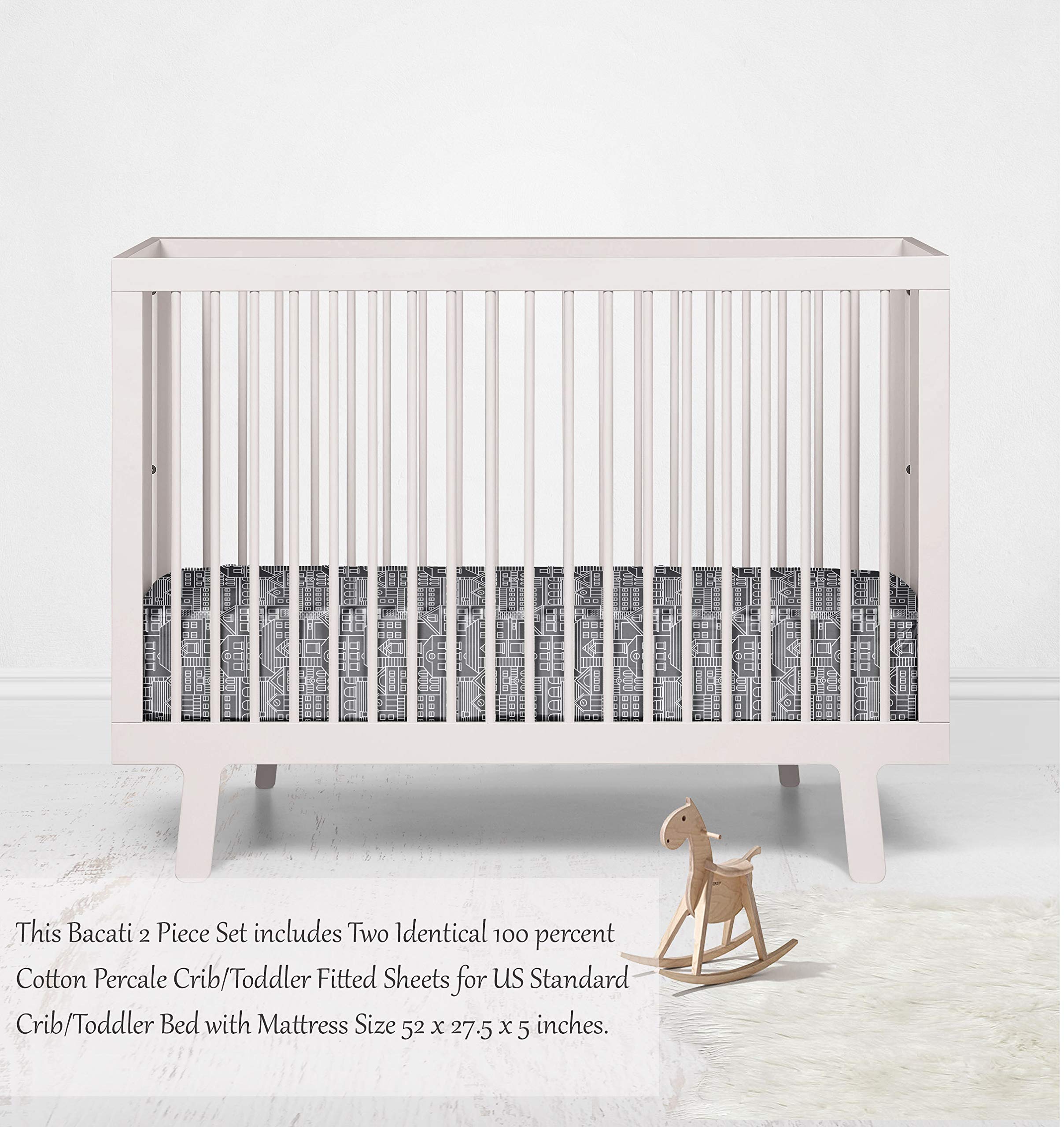 Bacati - Clouds in The City Grey Cityscape 2 Pack 100% Cotton Percale for US Standard Crib/Toddler Bed Fitted Sheets, White/Grey (CCWGCT2CS)