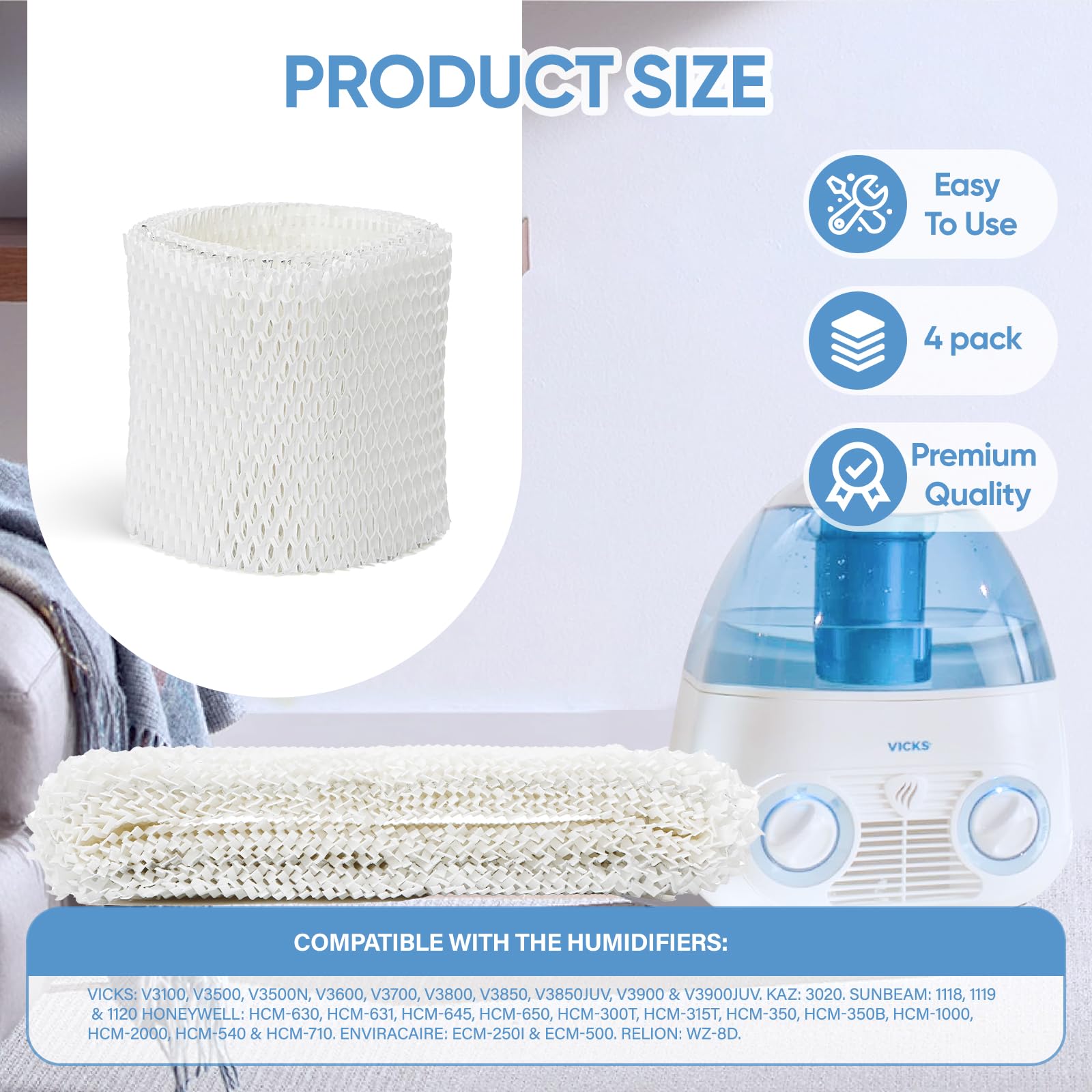 4 Pack WF2 Humidifier Wick Filter Replacement for Vicks Kaz V3500N V3700 V3100 V3900 Sunbeam 1118 1119 Series for Honeywell HCM-300T HCM-315T HCM-350 WA-8D Enviracaire ECM-500 Humidifier WF2 & PWF2