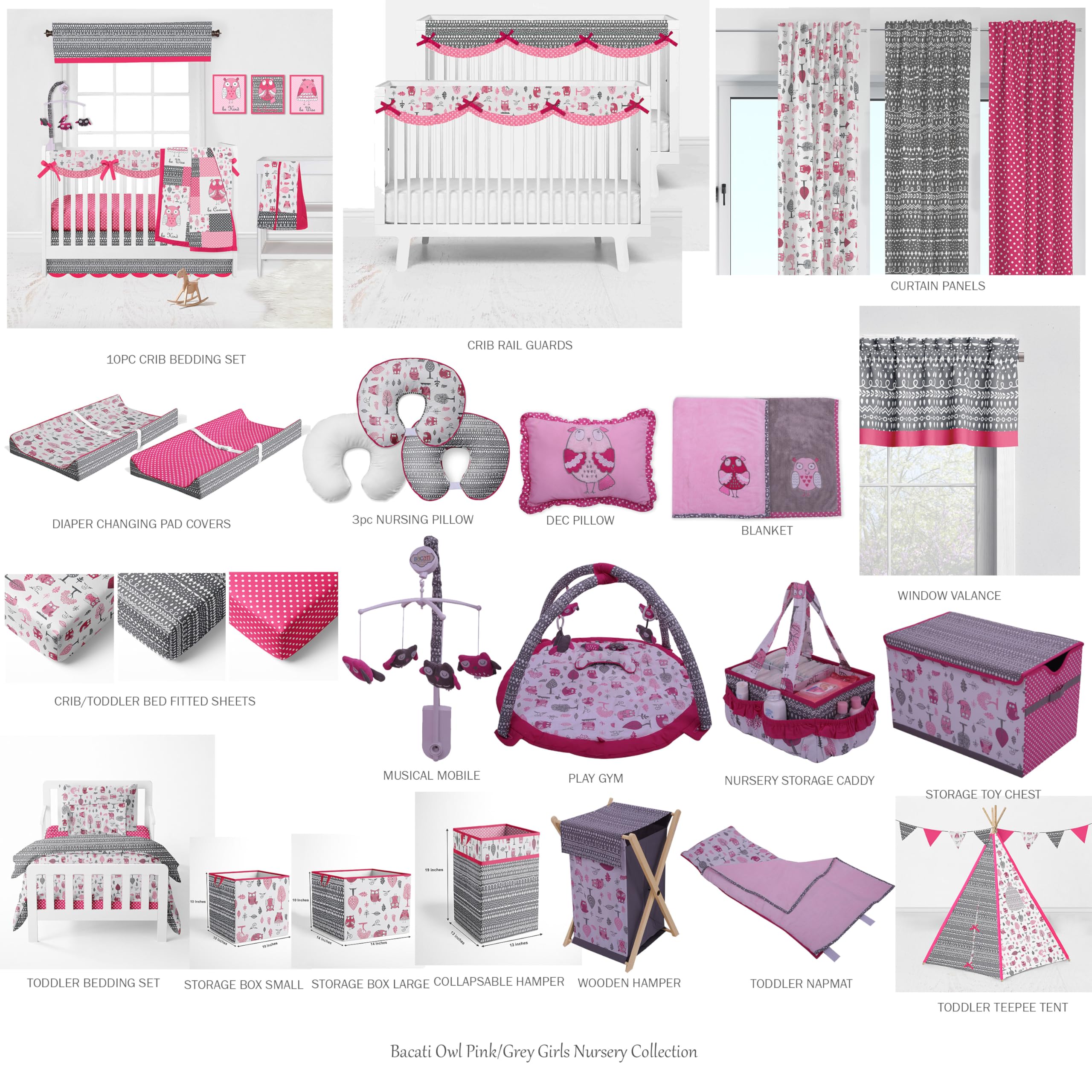Bacati - Toy Chest Owls in the Woods Pink/Grey