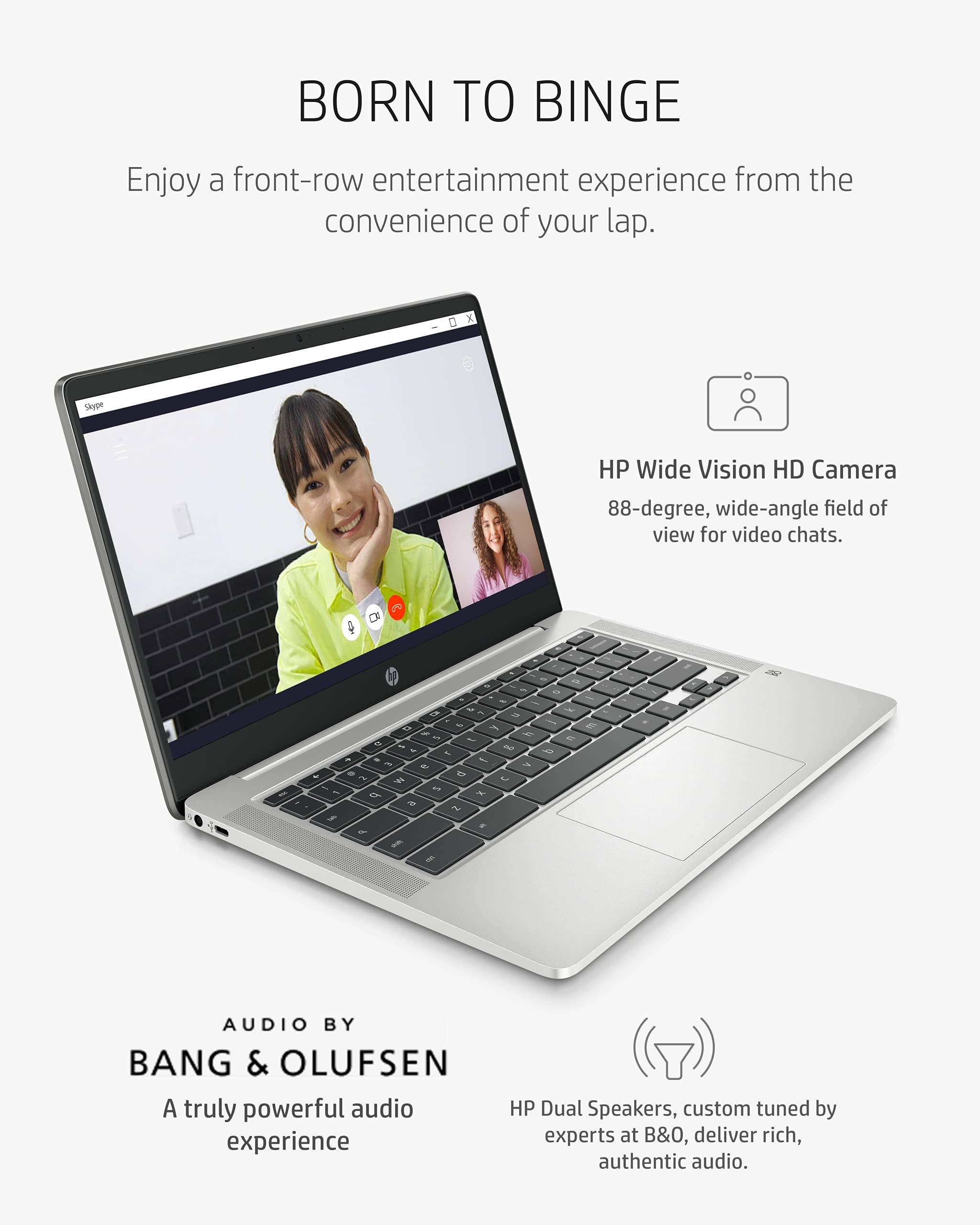 HP Chromebook 14 Laptop, Intel Celeron Processor, 4 GB RAM, 32 GB eMMC, 14” HD (1366 x 768) Touchscreen, Chrome OS, Webcam & Dual Mics, Work, Entertainment, Long Battery Life (14a-na0130nr, 2021)