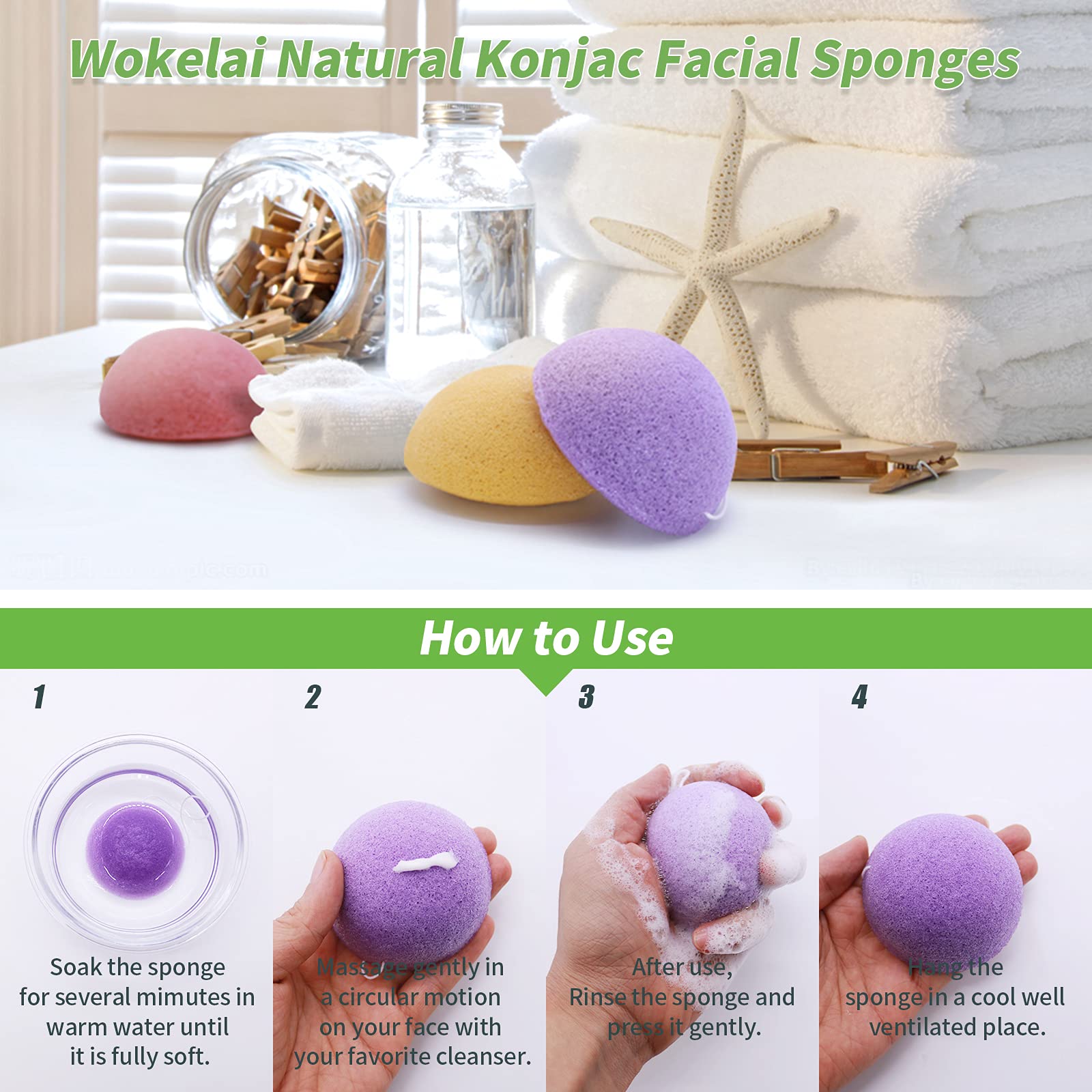 Konjac Facial Sponges for Cleansing Exfoliating - Konjac Face Sponge for Washing Face Body, Organic Natural Cleaning Puff Buff Scrubber for Shower Bath SPA for Babys Men Women