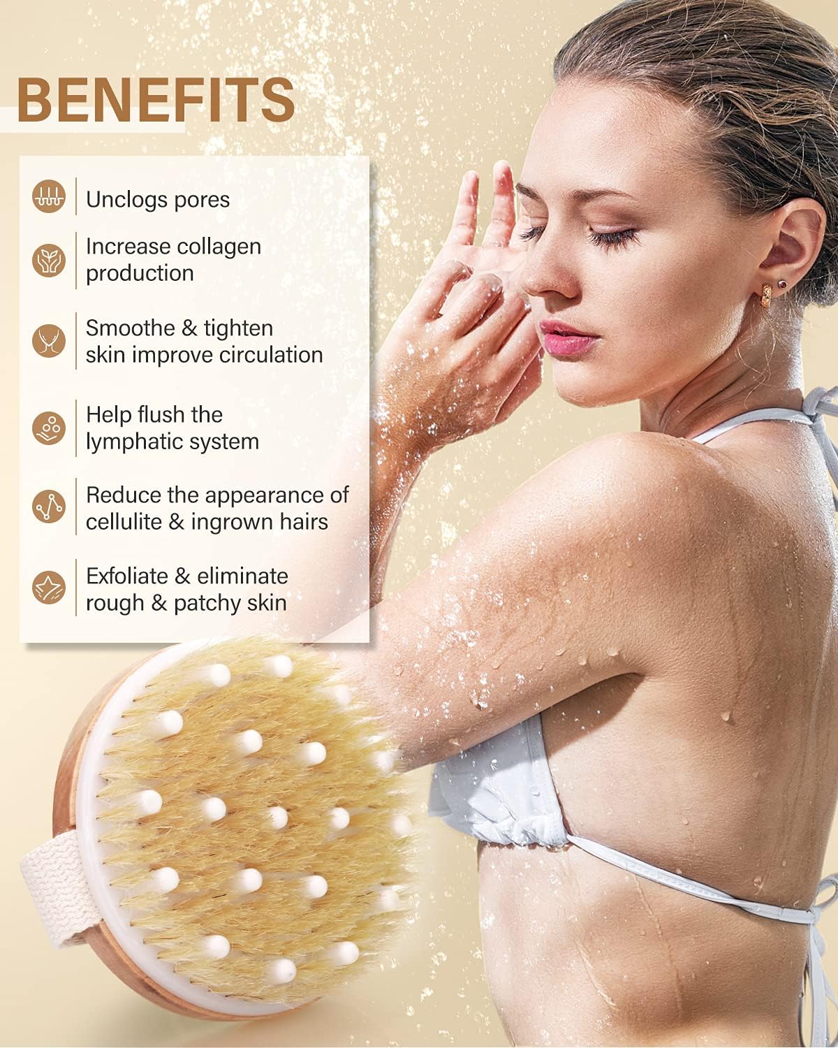 Dry Brushing Body Brush, POPCHOSE Exfoliating Body Brush for Beautiful Skin, Body Scrubber for Cellulite and Lymphatic Drainage, Blood Circulation Improvement with Natural Bristles Massage Nodules