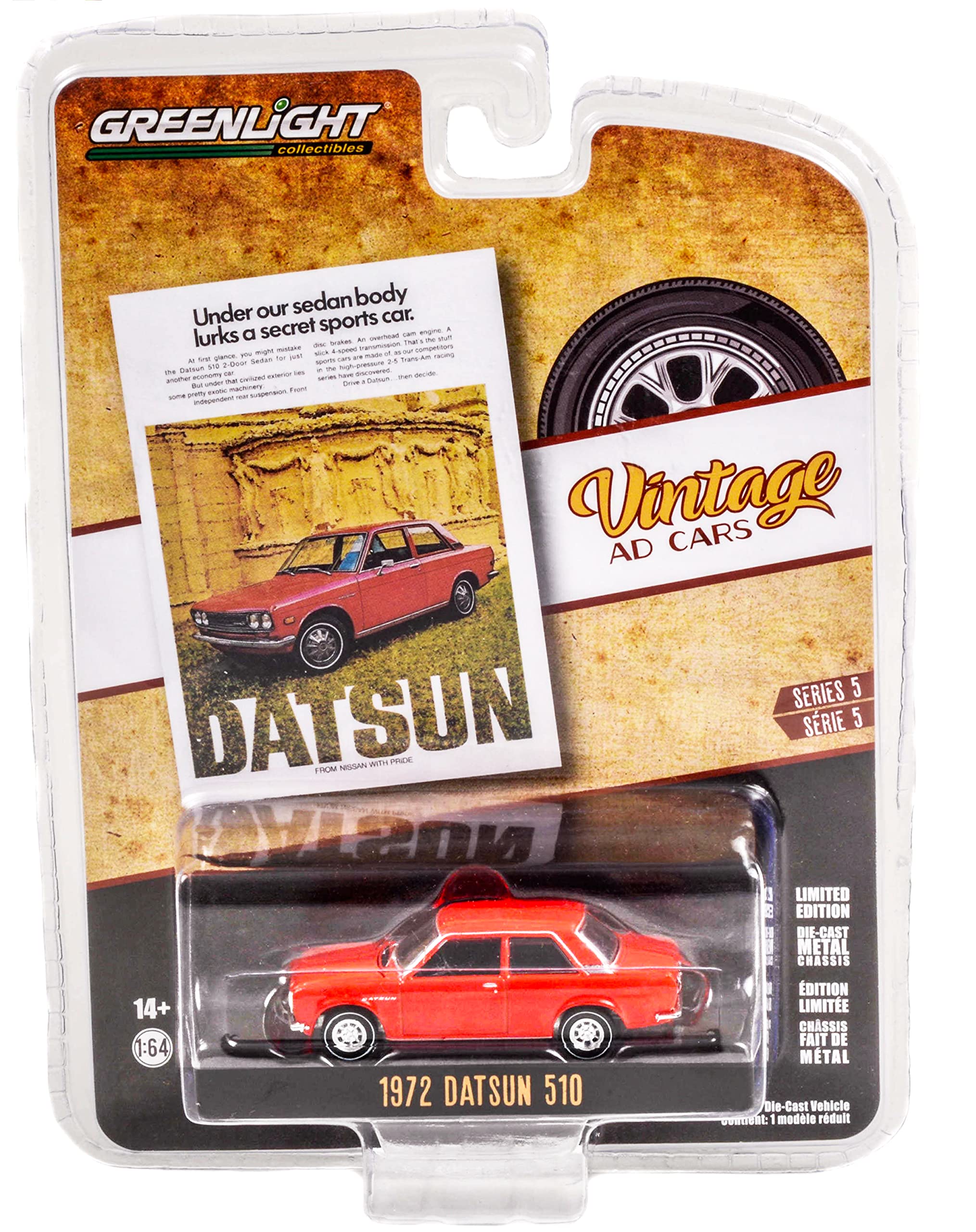 1972 Datsun 510 Orange Under Our Sedan Body Lurks a Secret Sports Car Vintage Ad Cars Series 5 1/64 Diecast Model Car by Greenlight 39080 C