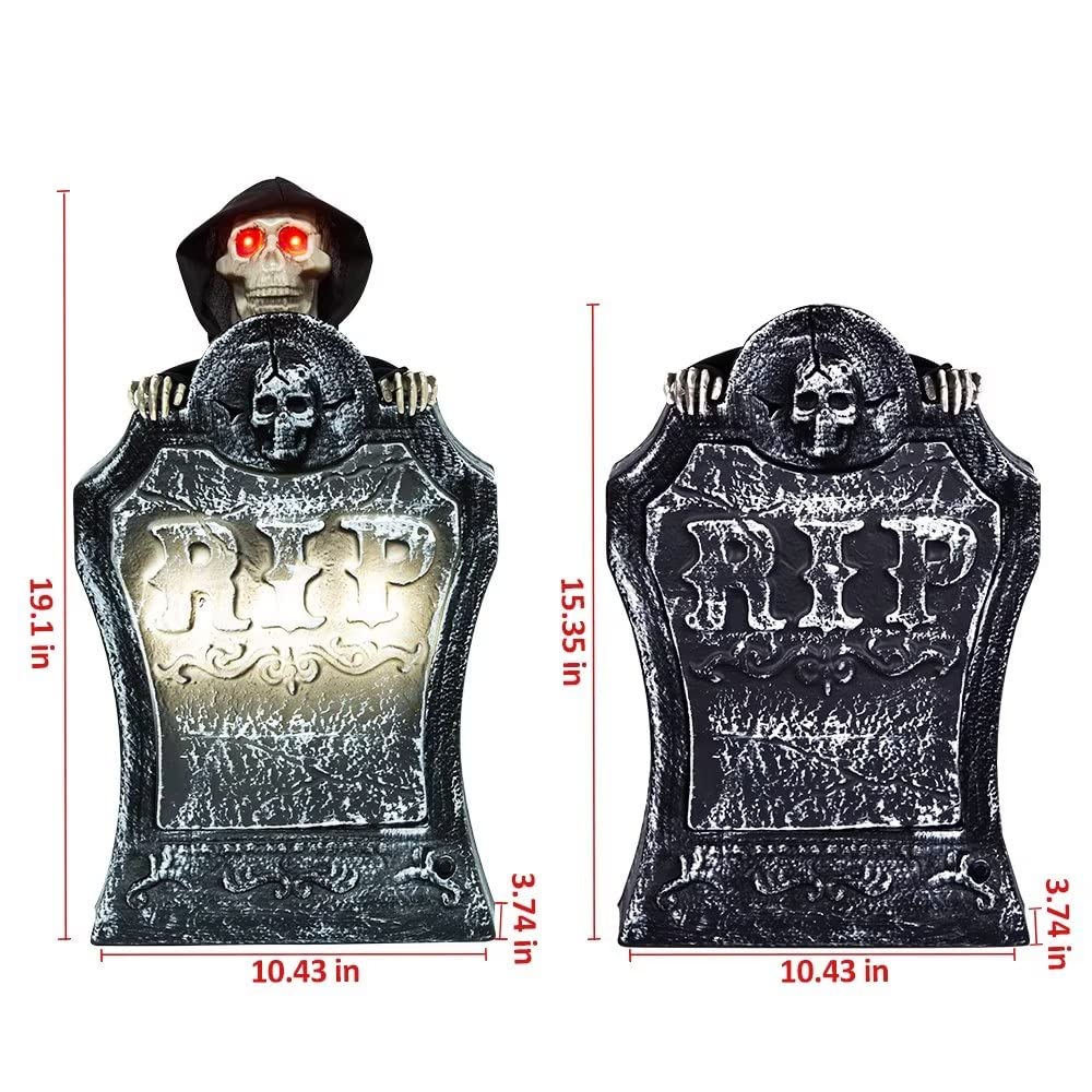 19" Halloween Decorations Resin RIP Graveyard Tombstone with LED Lights, Animated Movable Skeleton Skull with Glowing Eyes and Voice Activation for Yard Lawn Haunted House Outdoor Decor Party Props