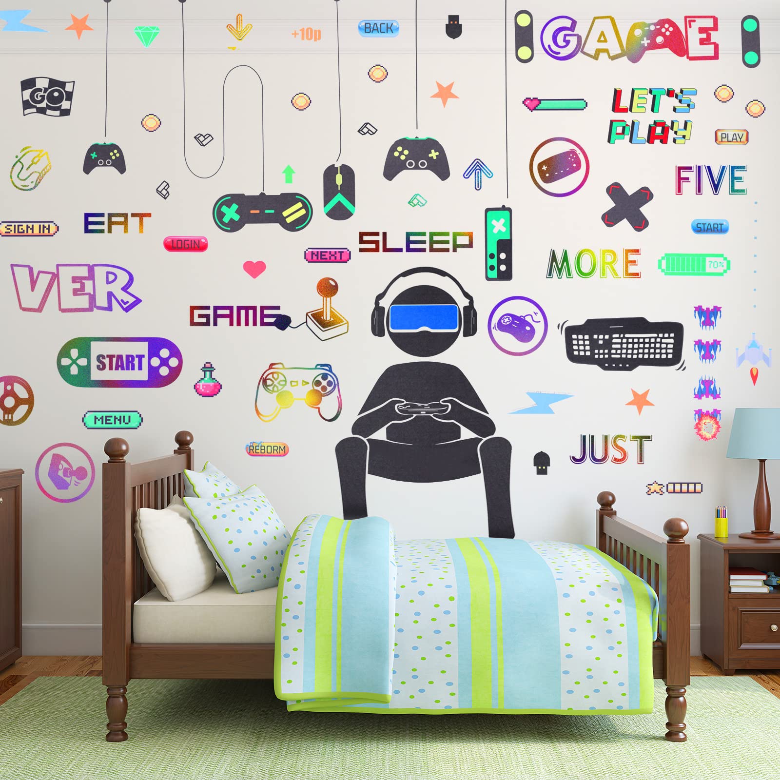 56 Pieces Gamer Wall Decals Gamer Wall Sticker Gaming Controller Joystick Wall Decals Removable Video Games Wall Stickers Game Boy Wall Art for Bedroom Playroom Decoration (Colorful)