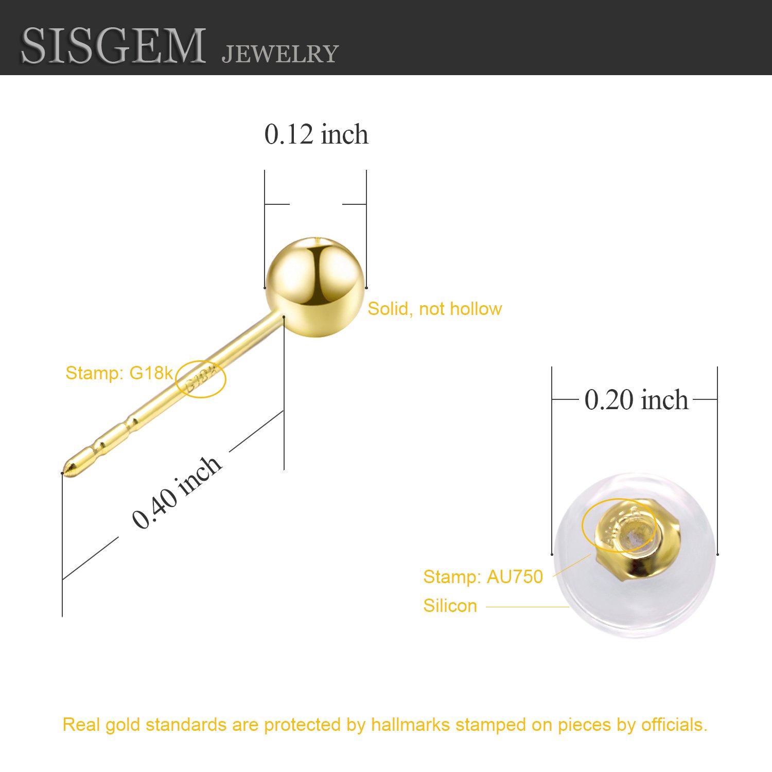 18k Gold Ball Stud Earrings, Small 18 Carat Yellow Gold Post Earrings for Women (3mm)