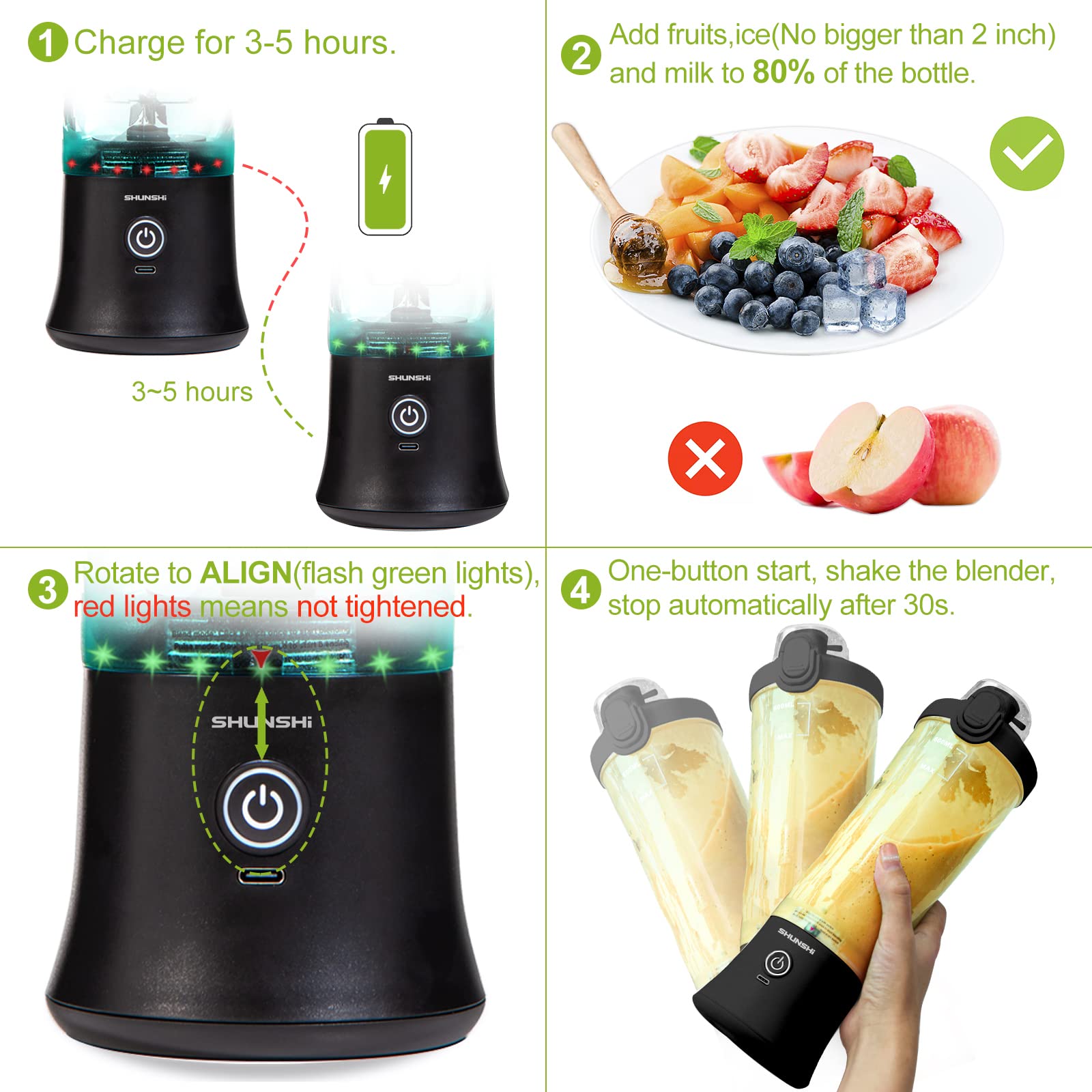 2 Portable Blender, Personal Size Blender for Shakes and Smoothies with 6 Blades Mini Blender 20 Oz for Kitchen,Home,Travel(White+Black)