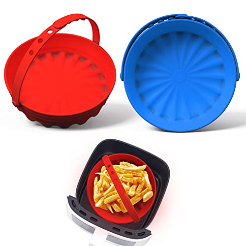 2 Pack Air Fryer Silicone Liners Pot, Reusable Replacement of Flammable Parchment Paper, 8 Inch Non Stick Silicone Bowl for 3 to 5 QT, Foldable Baking Basket for Cooker Accessories,(Round, Blue & Red)