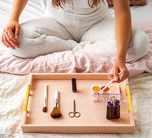 Home Redefined Modern Elegant 18"x12" Rectangle Baby Pink Tray Glossy Shagreen Decorative Ottoman Coffee Table Perfume Dresser Kitchen Serving Tray with Gold Polished Metal Handles for All Occasion's
