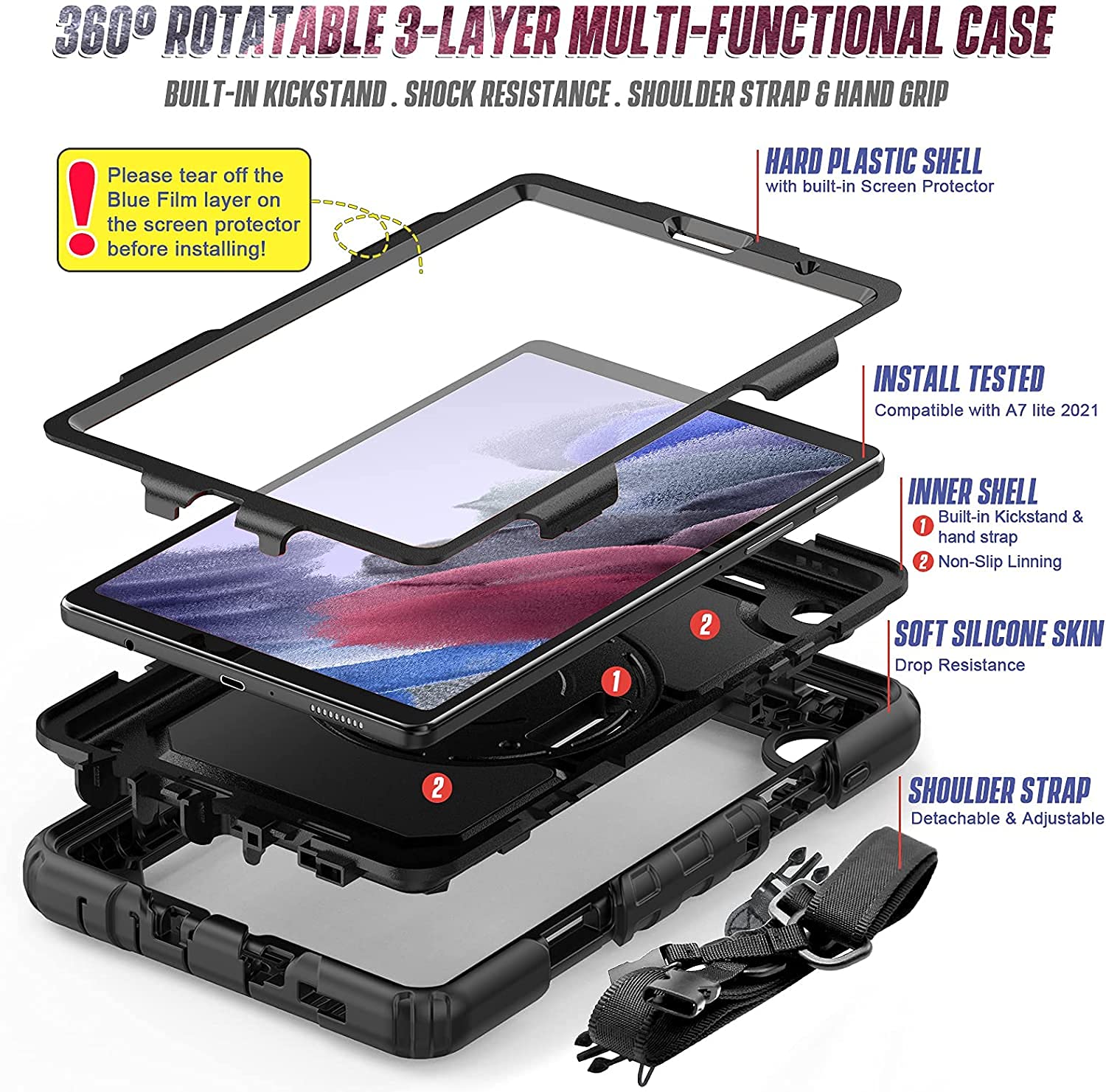 Sibeitu Samsung Galaxy Tab A7 lite Case 8.7 Inch 2021 with Screen Protector & Kickstand, Sturdy Rugged Samsung A7 Lite Case Kids w/Hand Strap Shoulder Strap for Galaxy A7 Lite Case SM-T220/T225